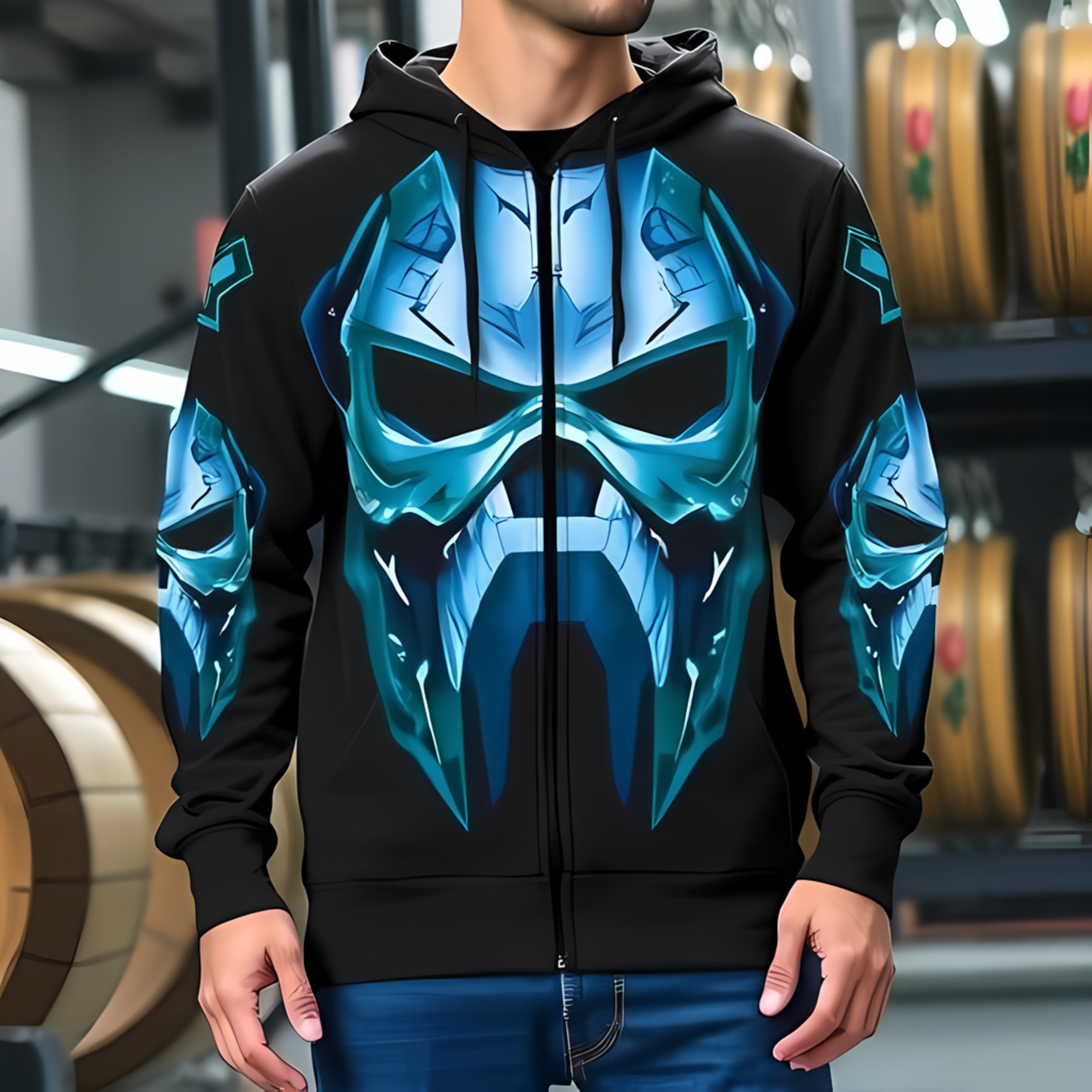 Futuristic 3D Graphic Hoodie with Teal-Blue Face Mask Design Black ...