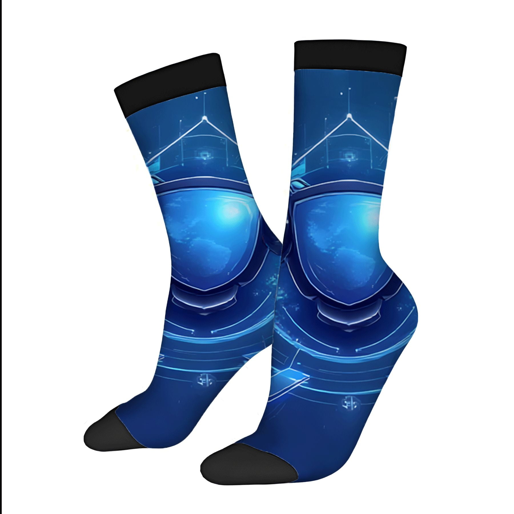 Futuristic Blue Socks with Glowing Globe & Geometric Patterns 2 Pairs ...