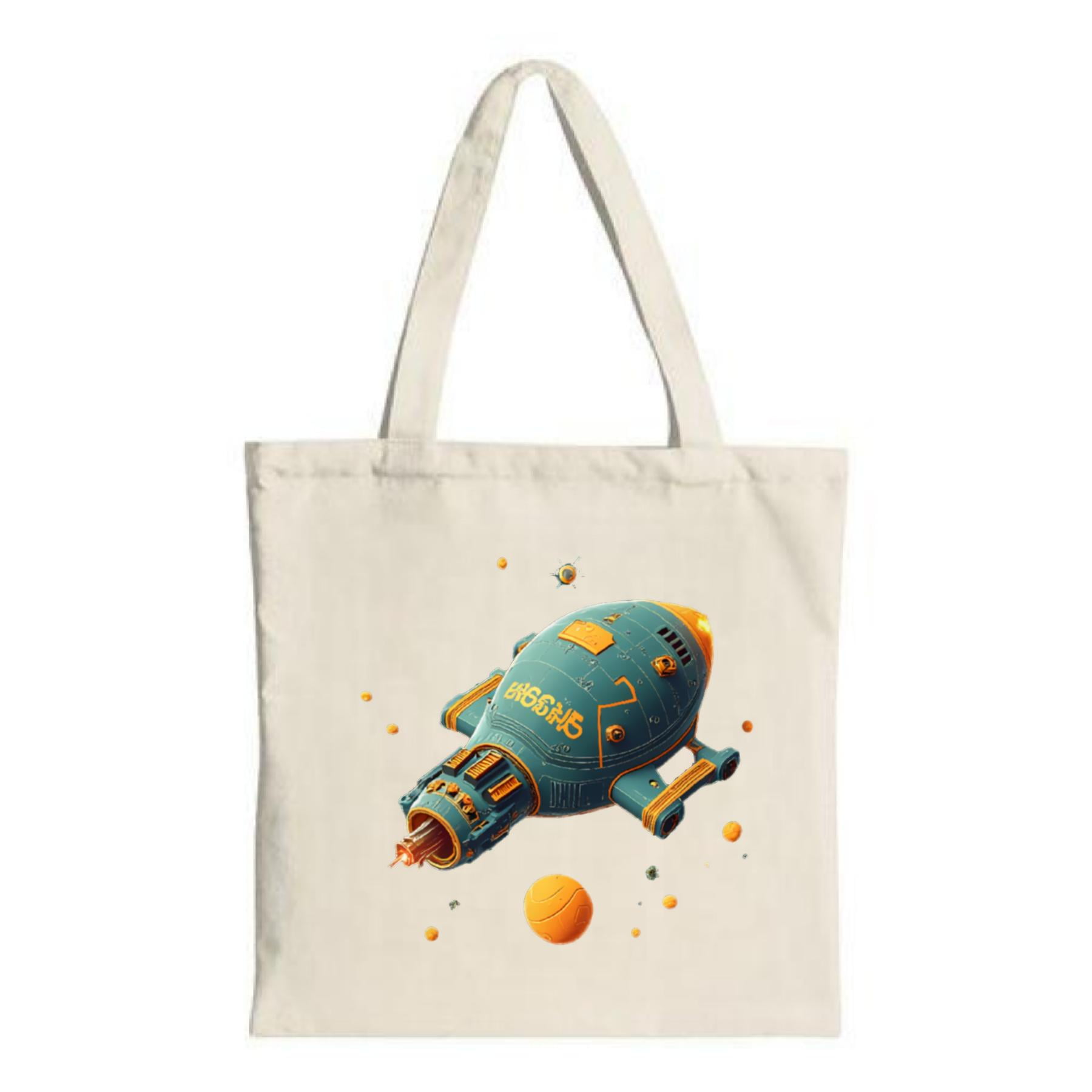Futuristic Blue Spaceship Tote Bag with Orange Accents & ' INSURANCE ' Text Surrounded by ...