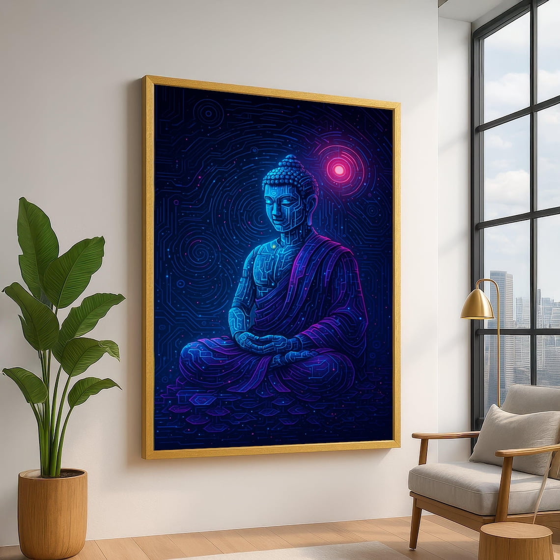 Futuristic Buddha Meditation Canvas, Neon Digital Art, Tech-Inspired ...