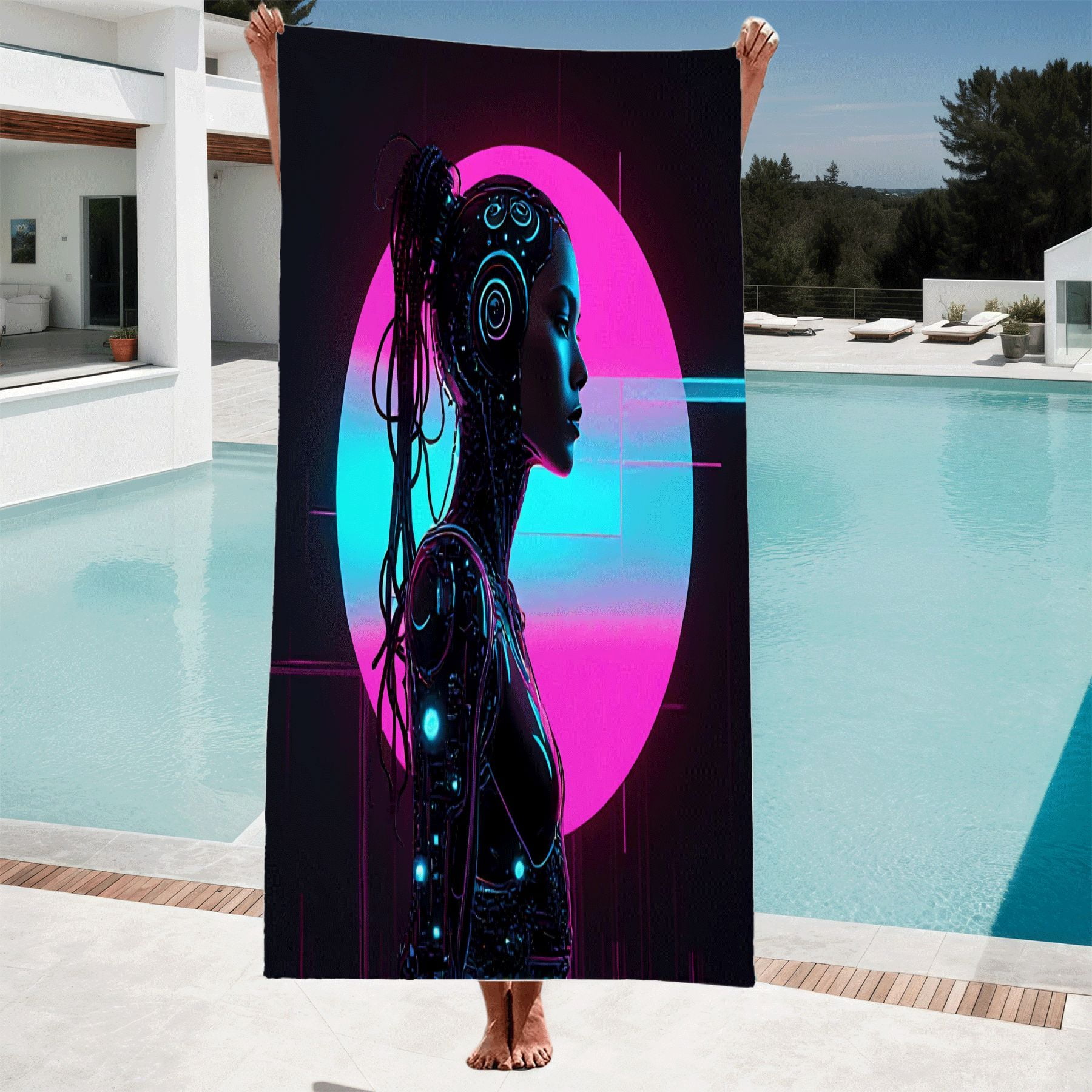 Futuristic Circuitry Pattern Beach Towel - Neon Pink & Blue Gradient ...