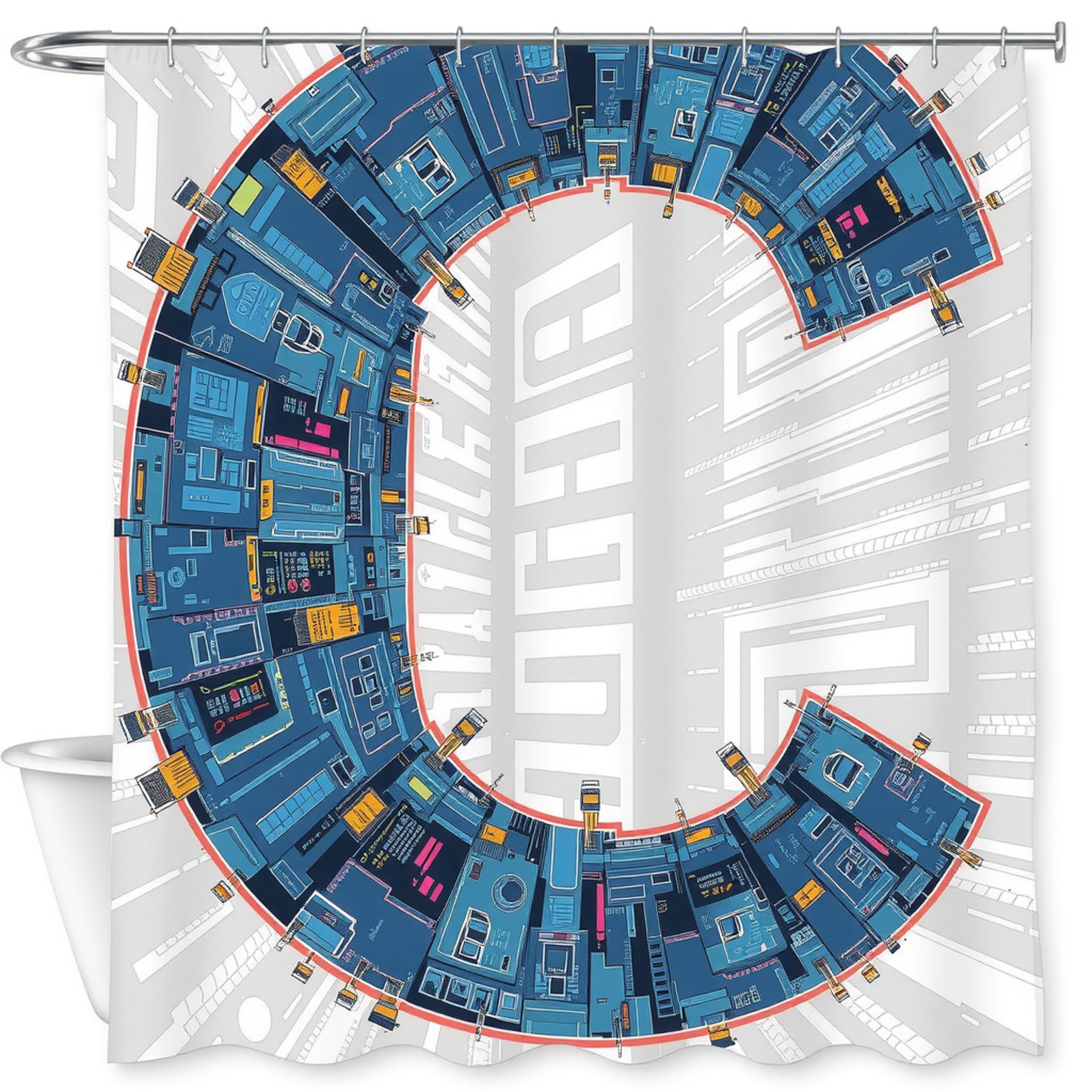 Futuristic Circular Panel Shower Curtain - Blue Teal & Gray Abstract ...