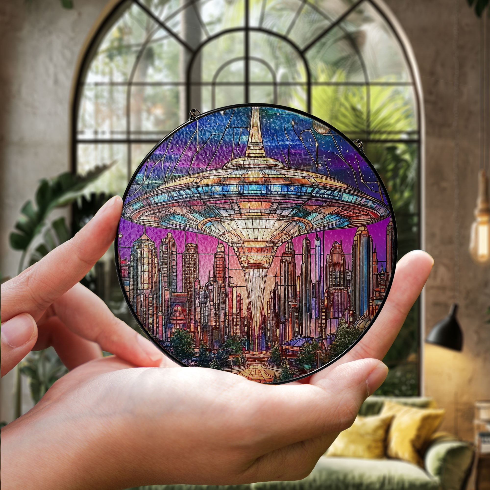 Futuristic City 2D Flat Stained Glass Window Hanging - Sci-Fi Space ...
