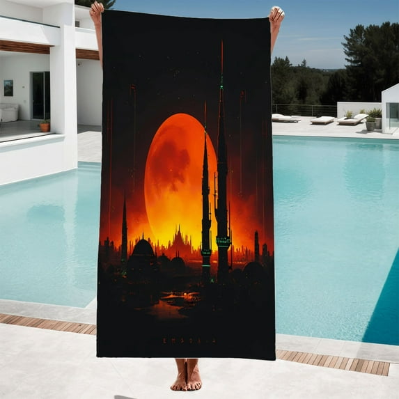 Futuristic Cityscape Bath Towel - Vibrant Green Lights & Reddish Moon ...