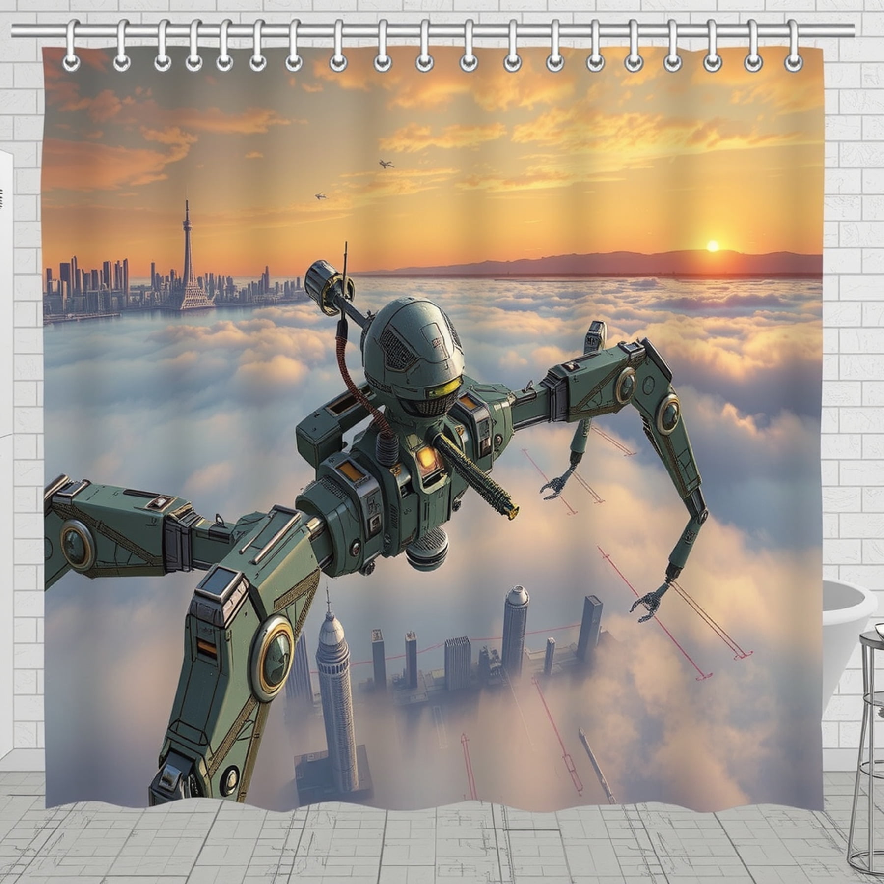Futuristic Cityscape Shower Curtain with Multi-Legged Robot Design for ...