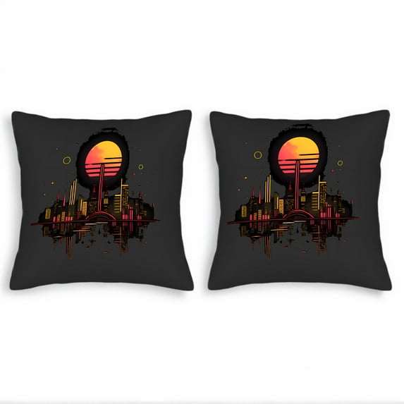 Futuristic Cityscape Throw Pillow Covers 18x18in Set of 2 - Neon Lights ...
