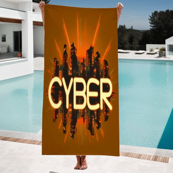 Futuristic Cyber Design Beach Towel - Bold White ' CYBER ' Text with ...