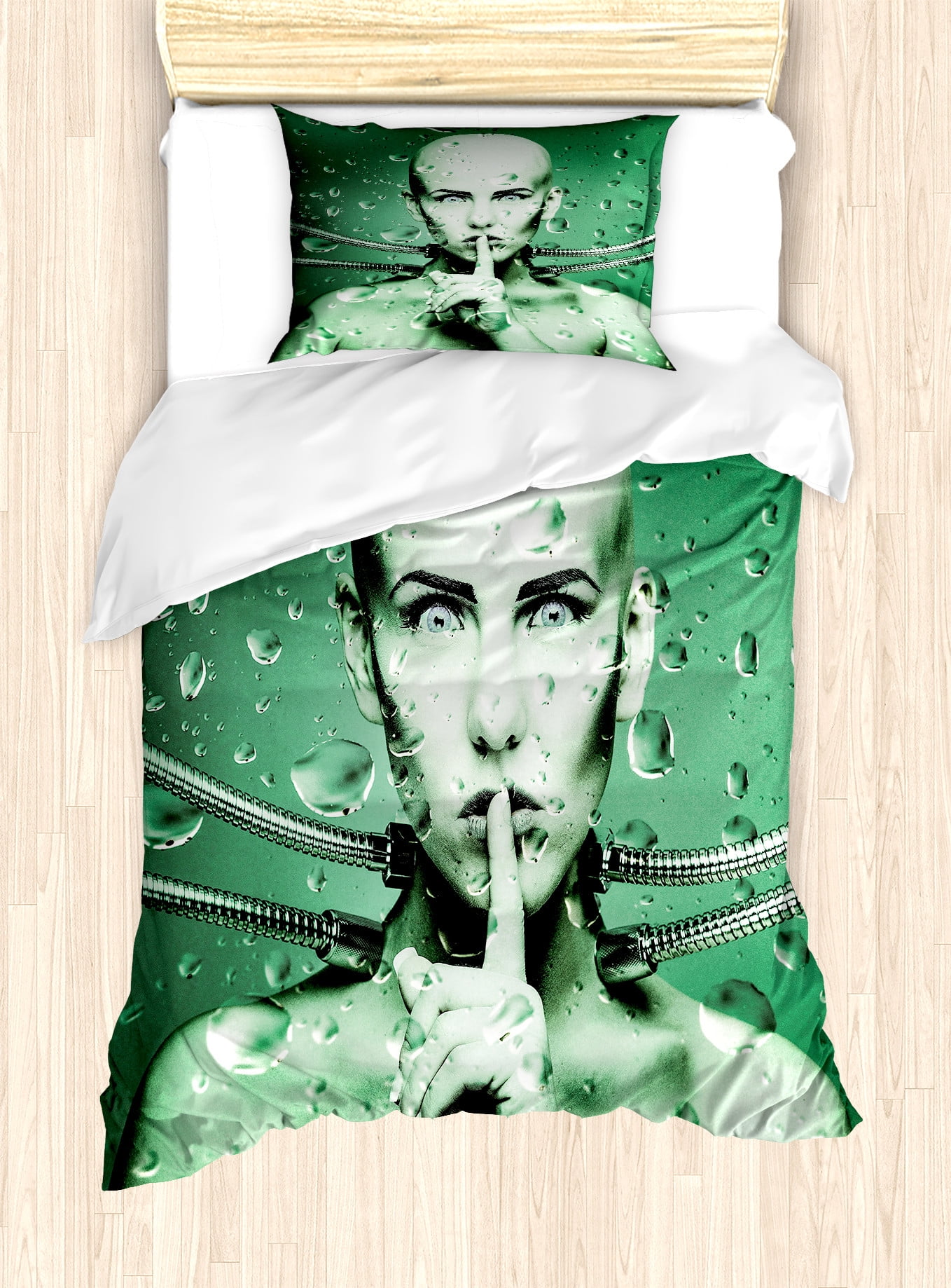 Futuristic Duvet Cover Set, Robot Girl with Cables in a Glass ...
