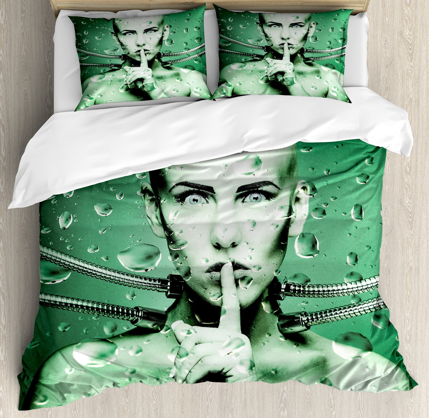 Futuristic Duvet Cover Set, Robot Girl with Cables in a Glass ...