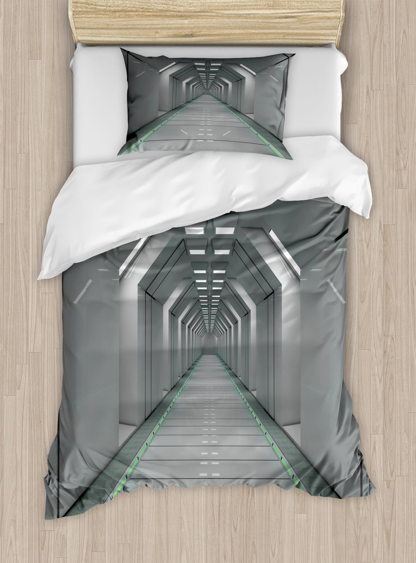 Futuristic Duvet Cover Set, Sci-Fi Corridor Inside Space Station Ship ...