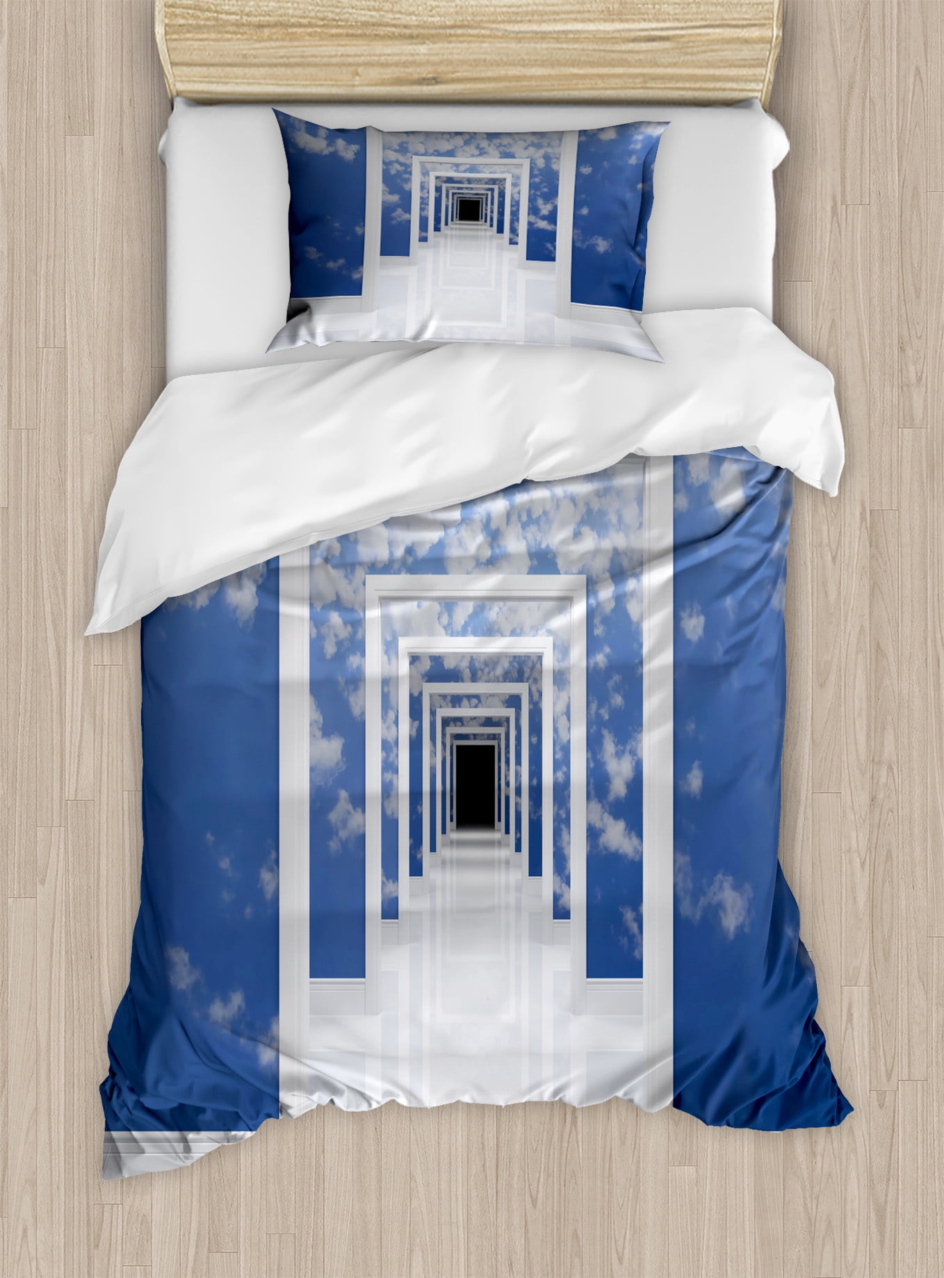Futuristic Duvet Cover Set, Sky Clouds Picture on Walls of Doorless ...