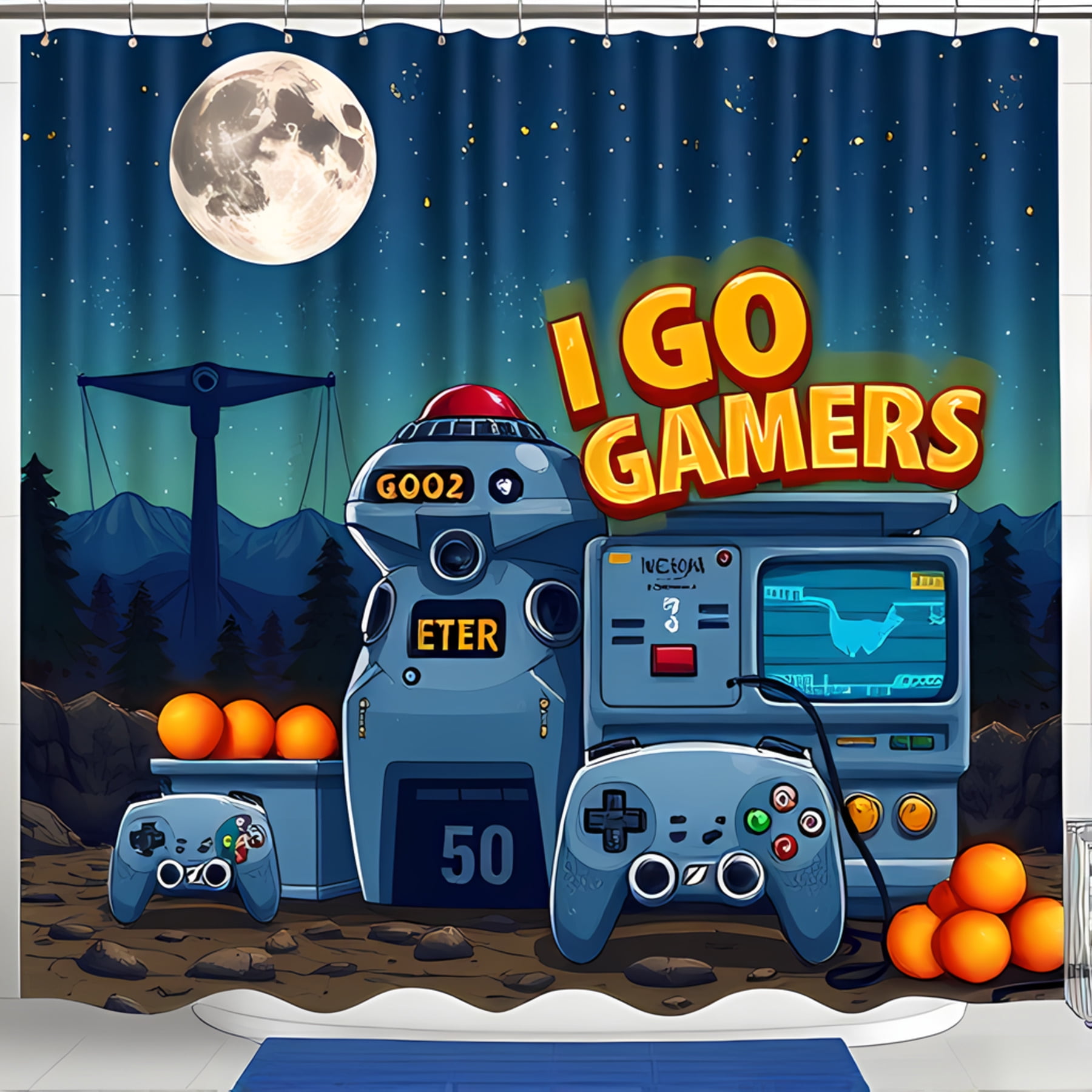 Futuristic Gamer Shower Curtain - Blue GOOZ Console Design with ...