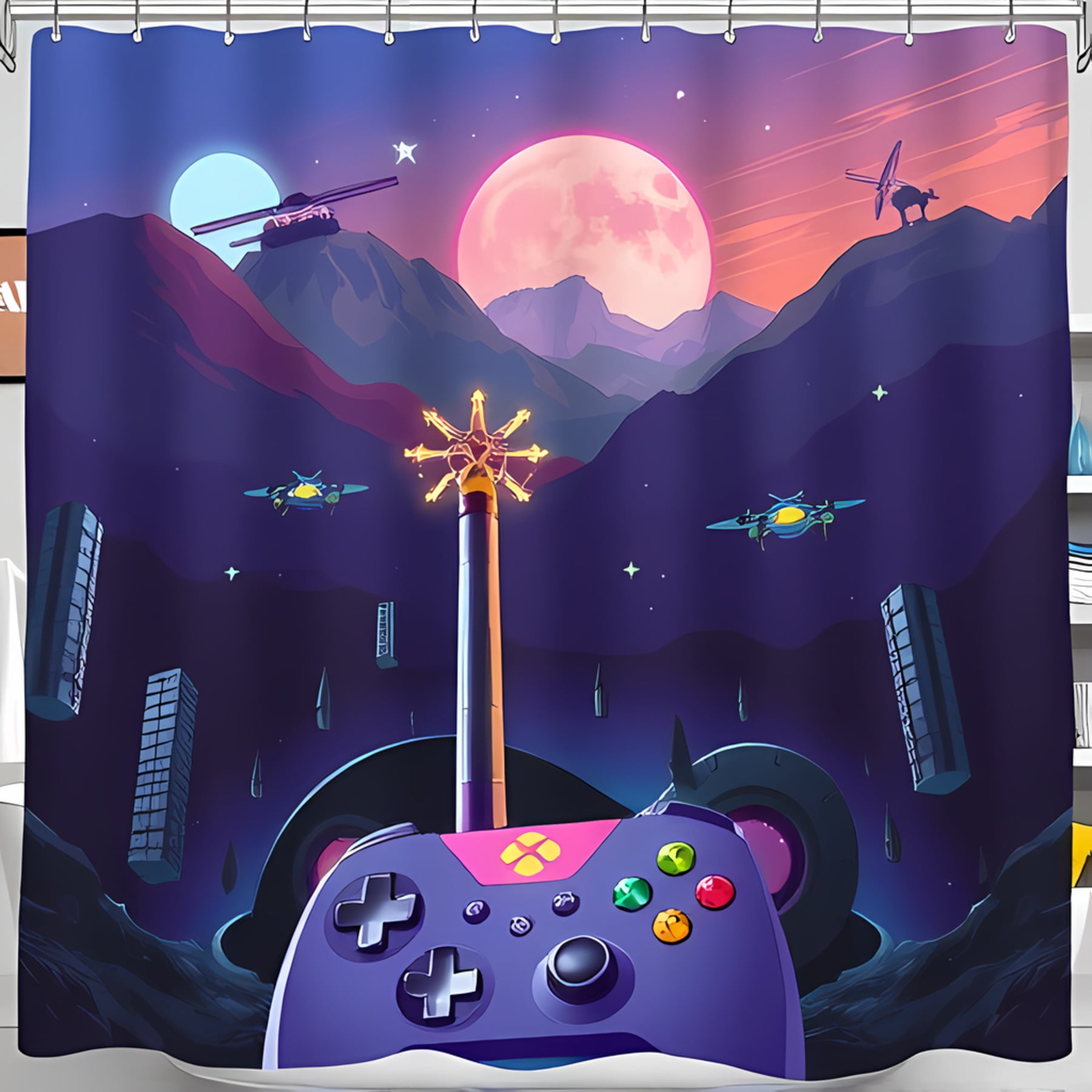 Futuristic Gaming Shower Curtain - Vibrant Controller & Landscape ...