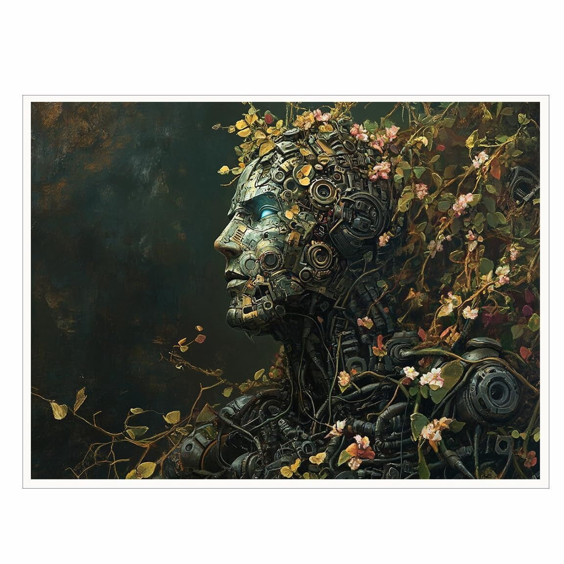 Futuristic Humanoid Robot Wall Art with Floral Vines and Gears Digital ...