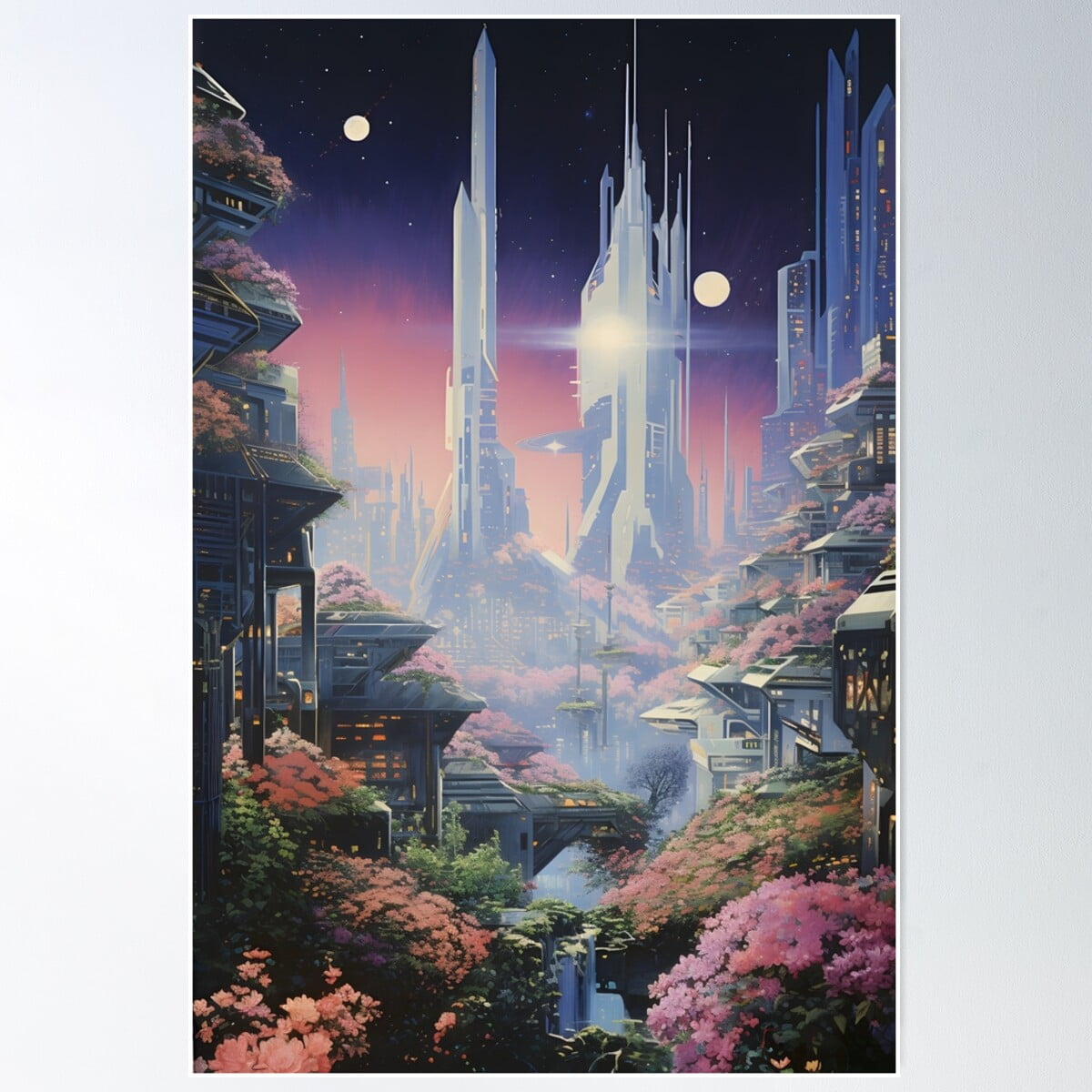 Futuristic Landscape Of City Of The Future And Flower Bushes And Starry ...
