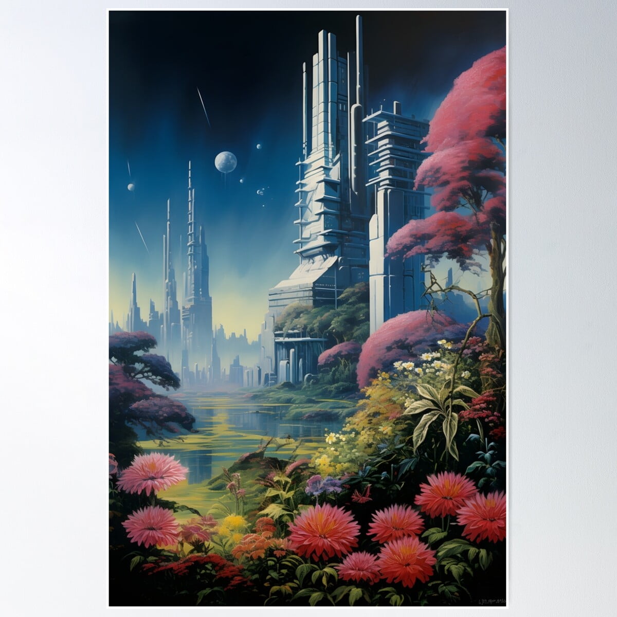 Futuristic Landscape Of City Of The Future And Wildflower Bushes And ...