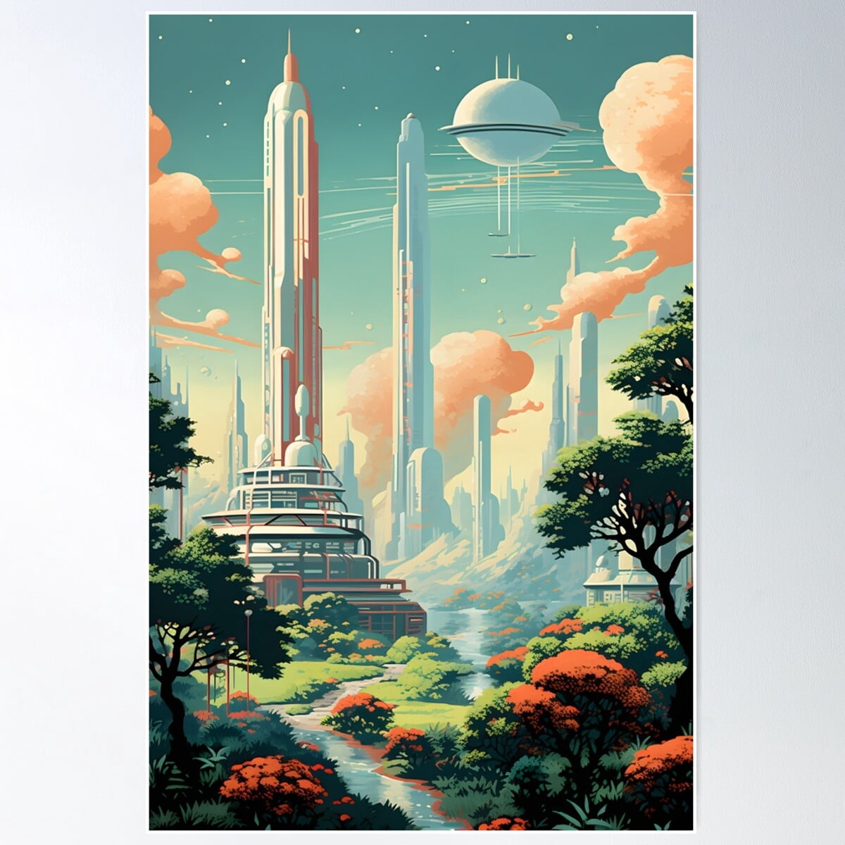 Futuristic Landscape Of City Of The Future And Wildflower Meadow And ...