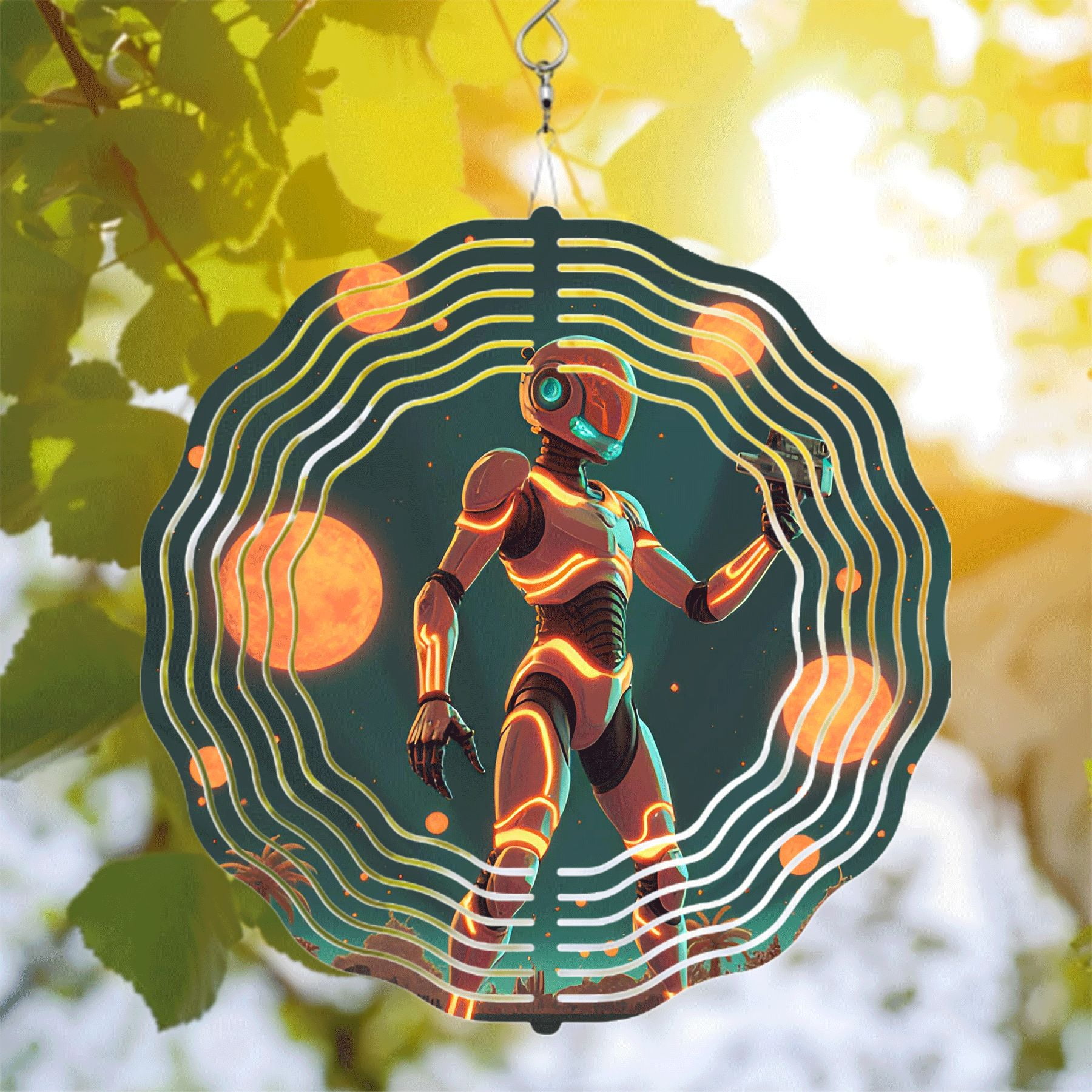 Futuristic Metal Hanging Wind Spinners & Chimes - Cosmic Vortex Design with Glowing Orange ...
