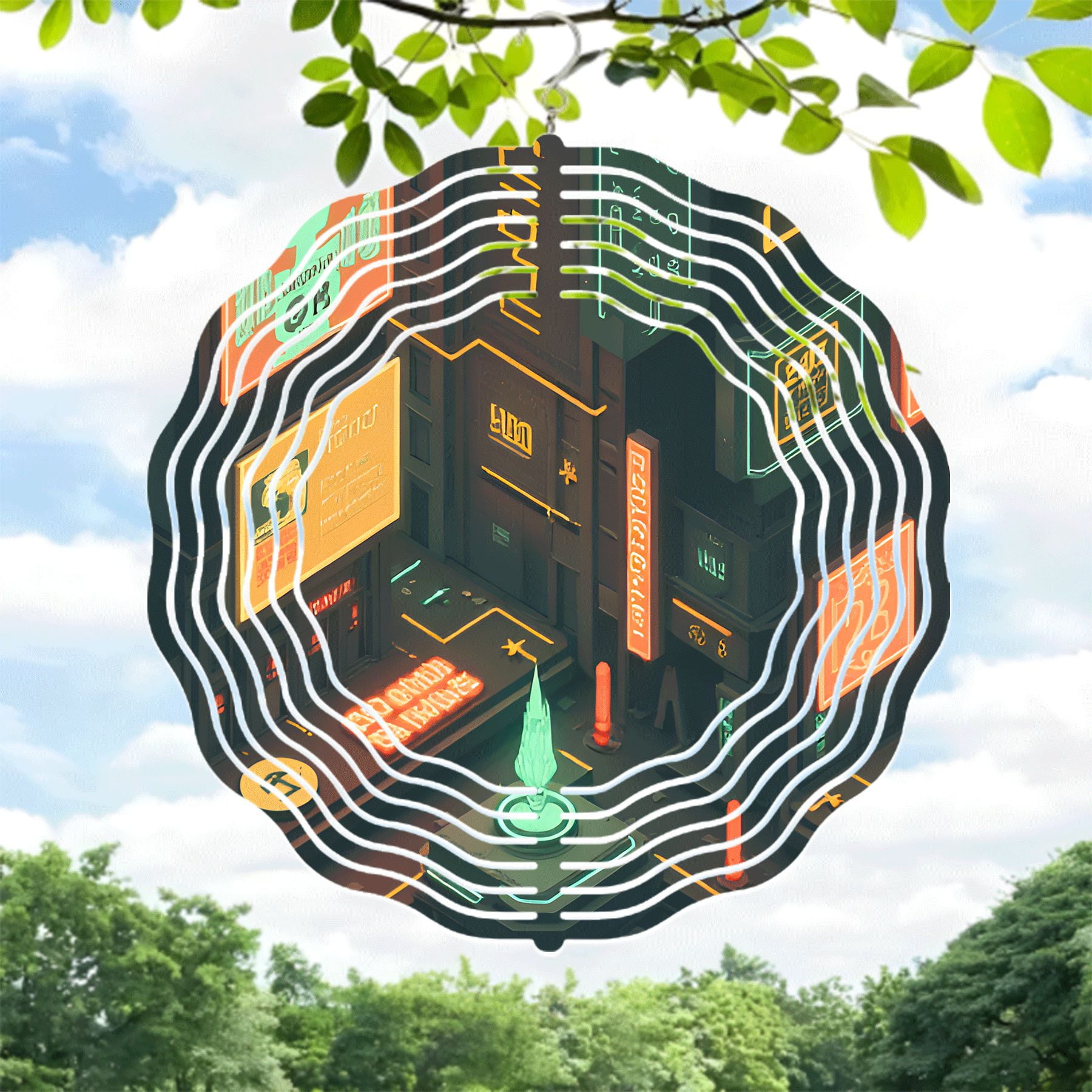 Futuristic Metal Hanging Wind Spinners & Chimes - Vibrant Neon Patterns ...