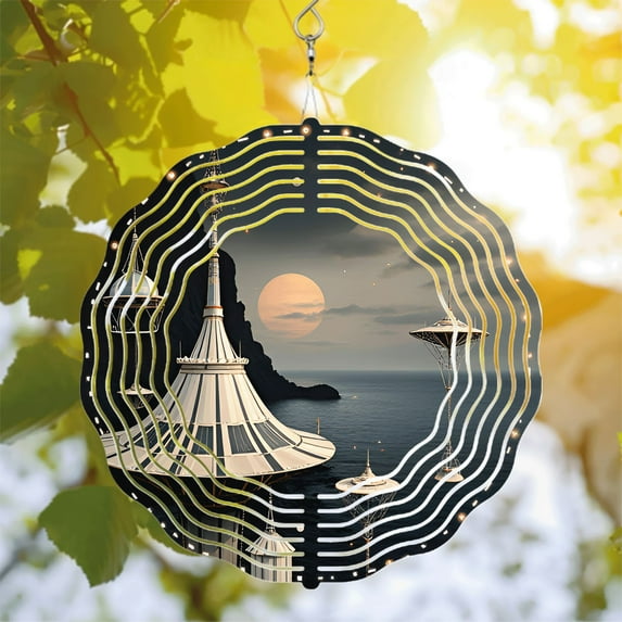 Futuristic Metal Hanging Wind Spinners & Chimes - Wave Pattern Design for Yard & Garden Decor ...