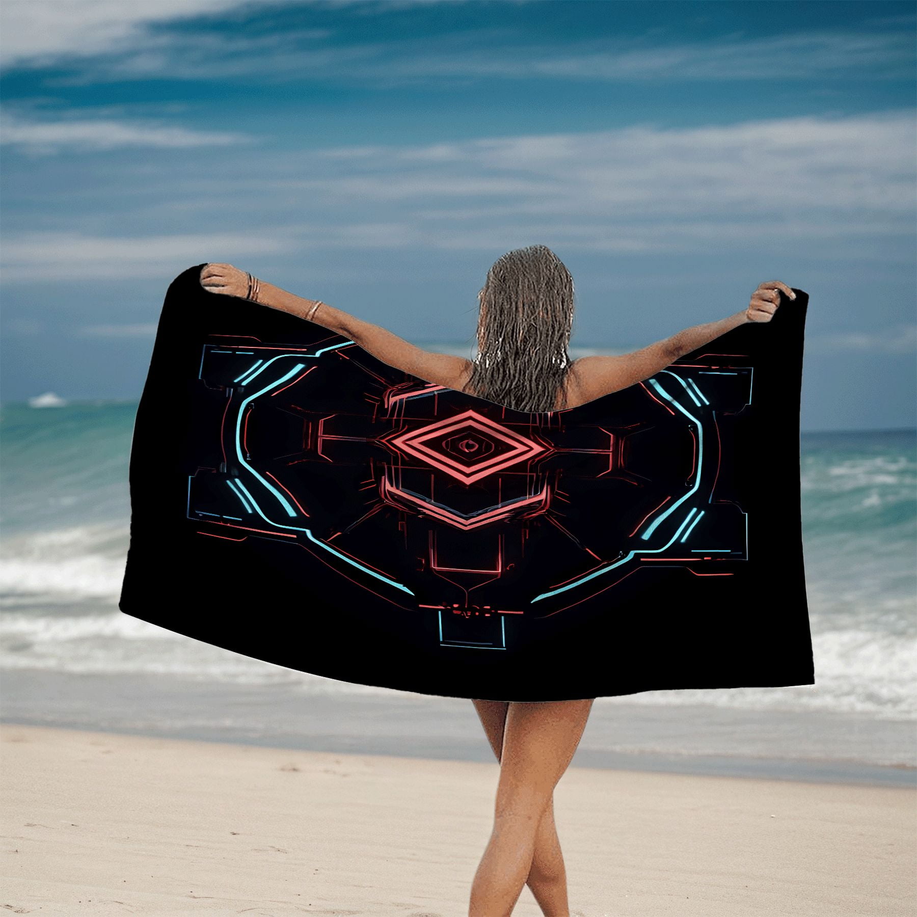 Futuristic Neon Diamond Pattern Beach & Pool Towel - Vibrant Red & Blue ...