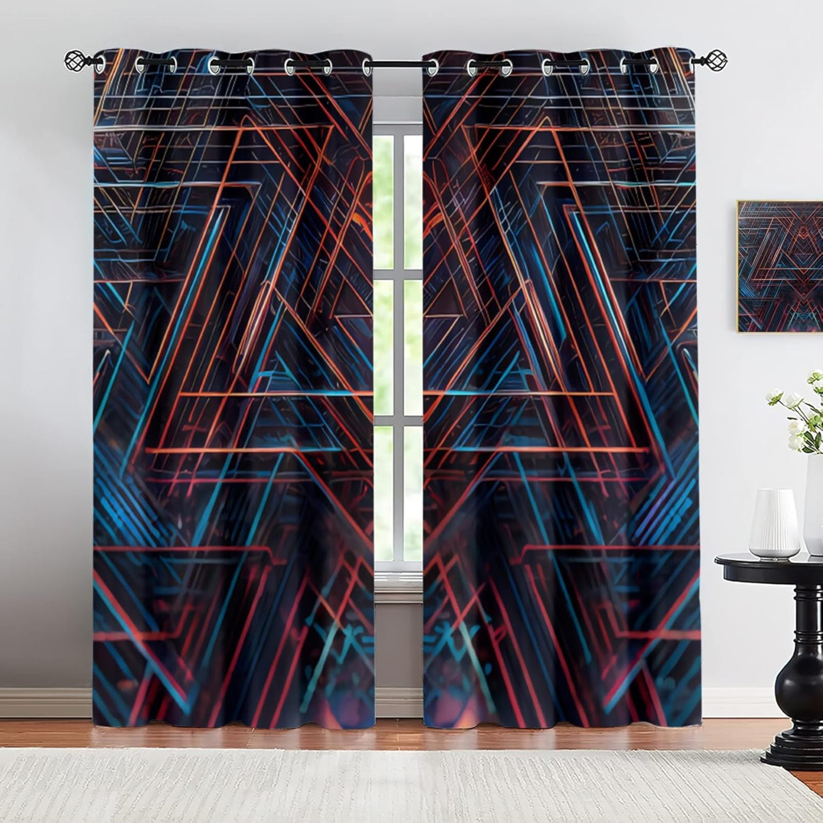 Futuristic Neon Lights Thermal Insulated Drapes, Abstract Geometric ...