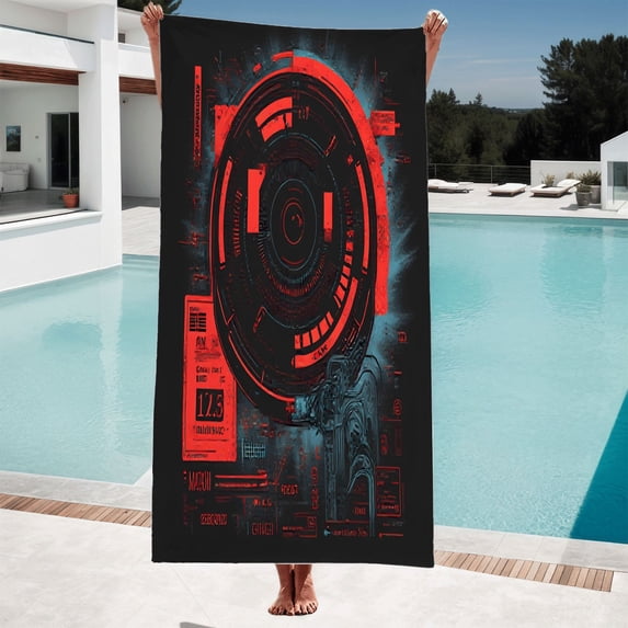 Futuristic Red & Black Circular Design Bath Towel - Perfect for Beach ...