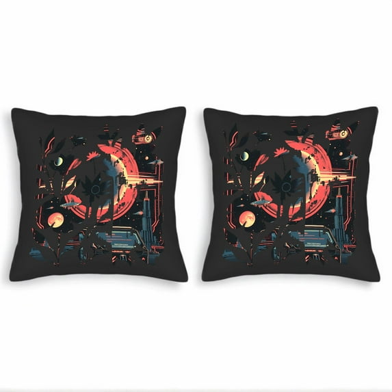 Futuristic Red Moon Throw Pillow Covers - Set of 2 18x18in Vibrant ...