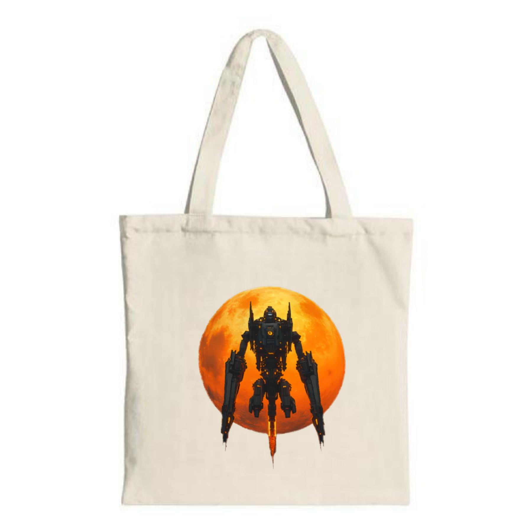 Futuristic Robot Tote Bag - Large Orange Moon & Dynamic Flame Design ...