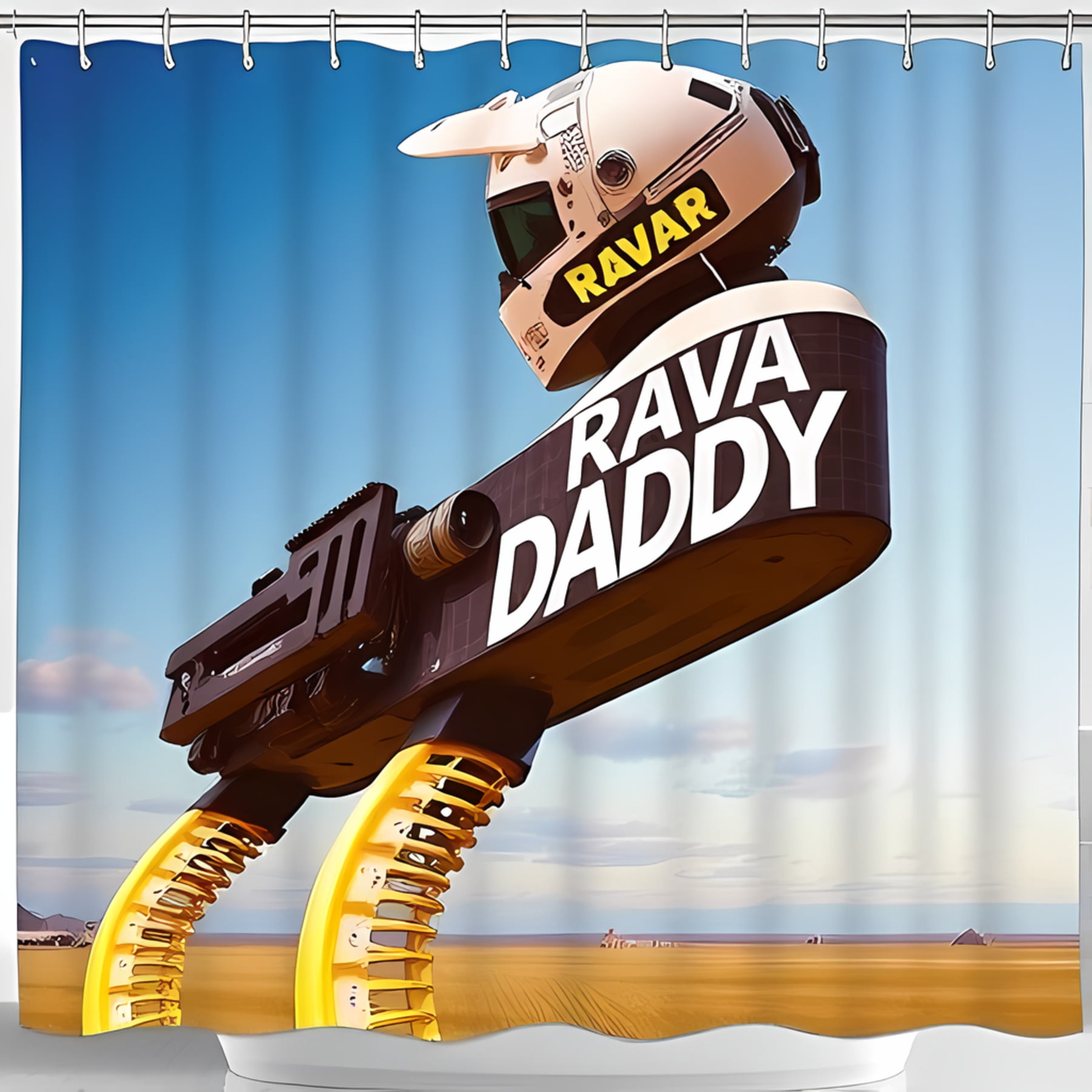 Futuristic Robotic Arm Shower Curtain with 'RAVA DADDY' & Racing Design ...