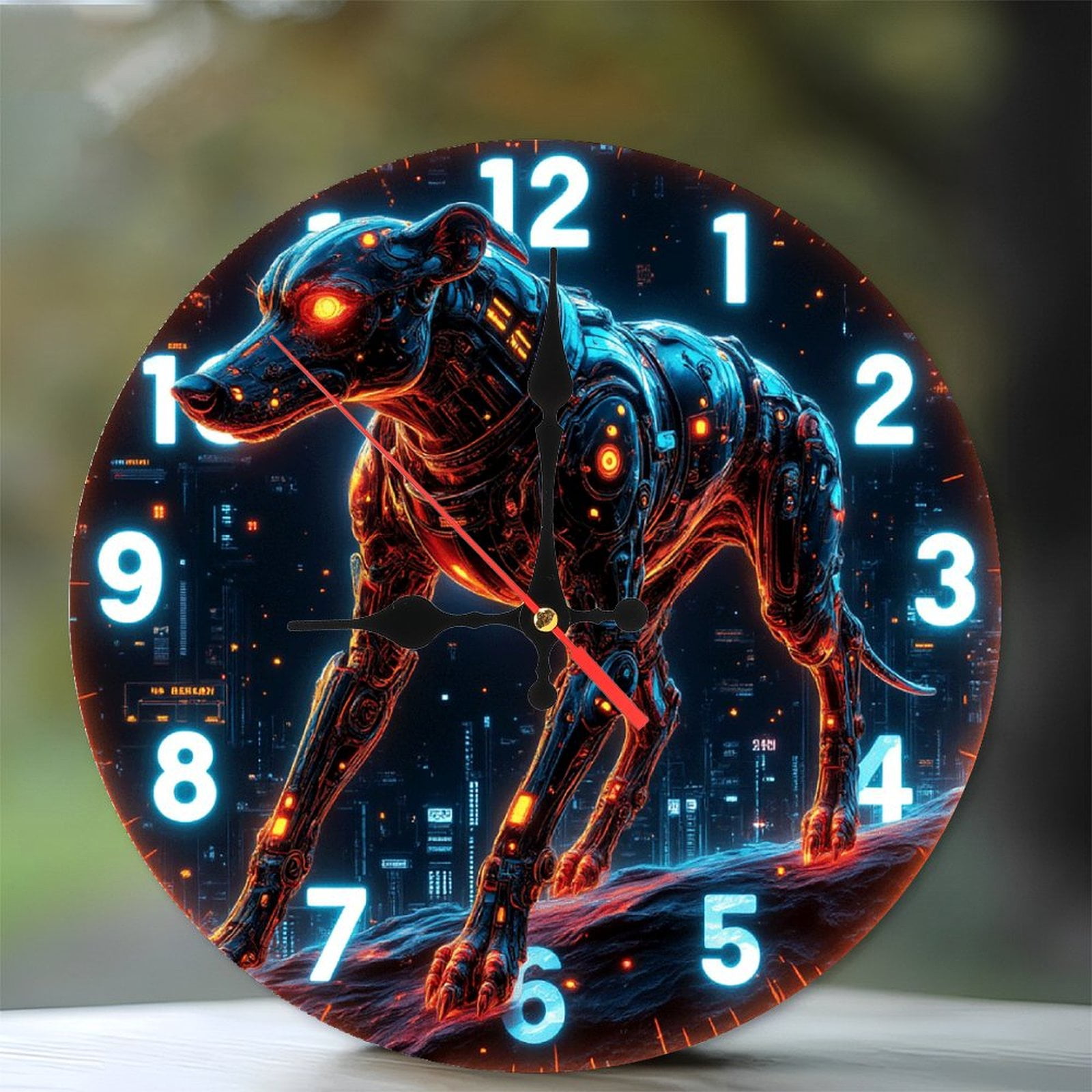 Futuristic Robotic Dog Clock with LED Display 10-Inch Silent Wooden ...