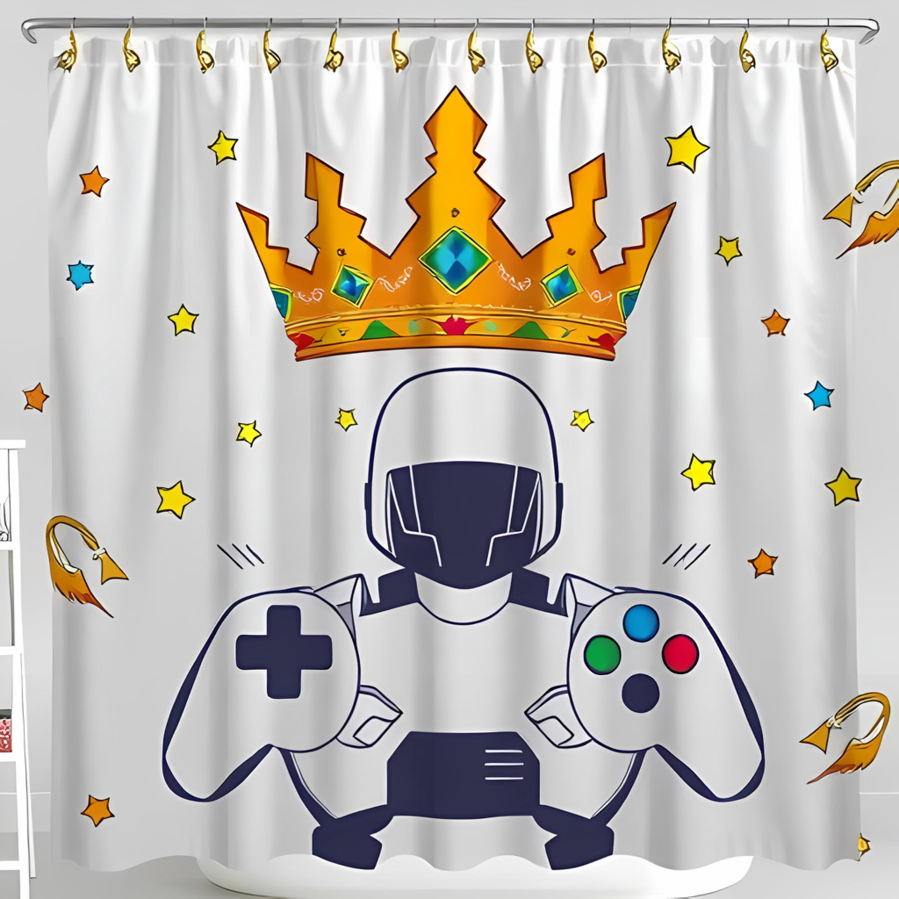 Futuristic Robotic Shower Curtain Encrusted Crown & Colorful Gaming ...