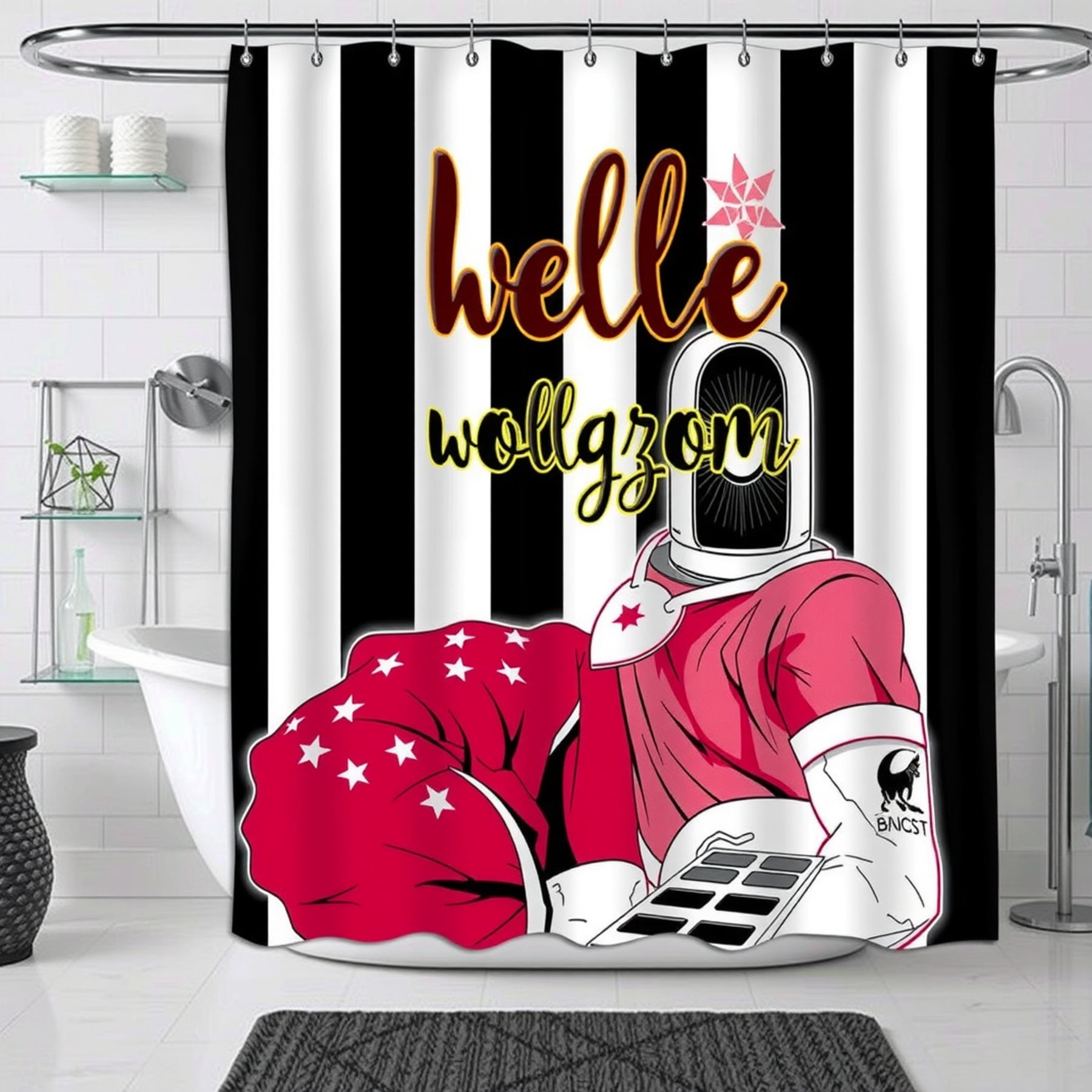 Futuristic Shower Curtain with Bold Black & White Stripes, Pink & Red ...