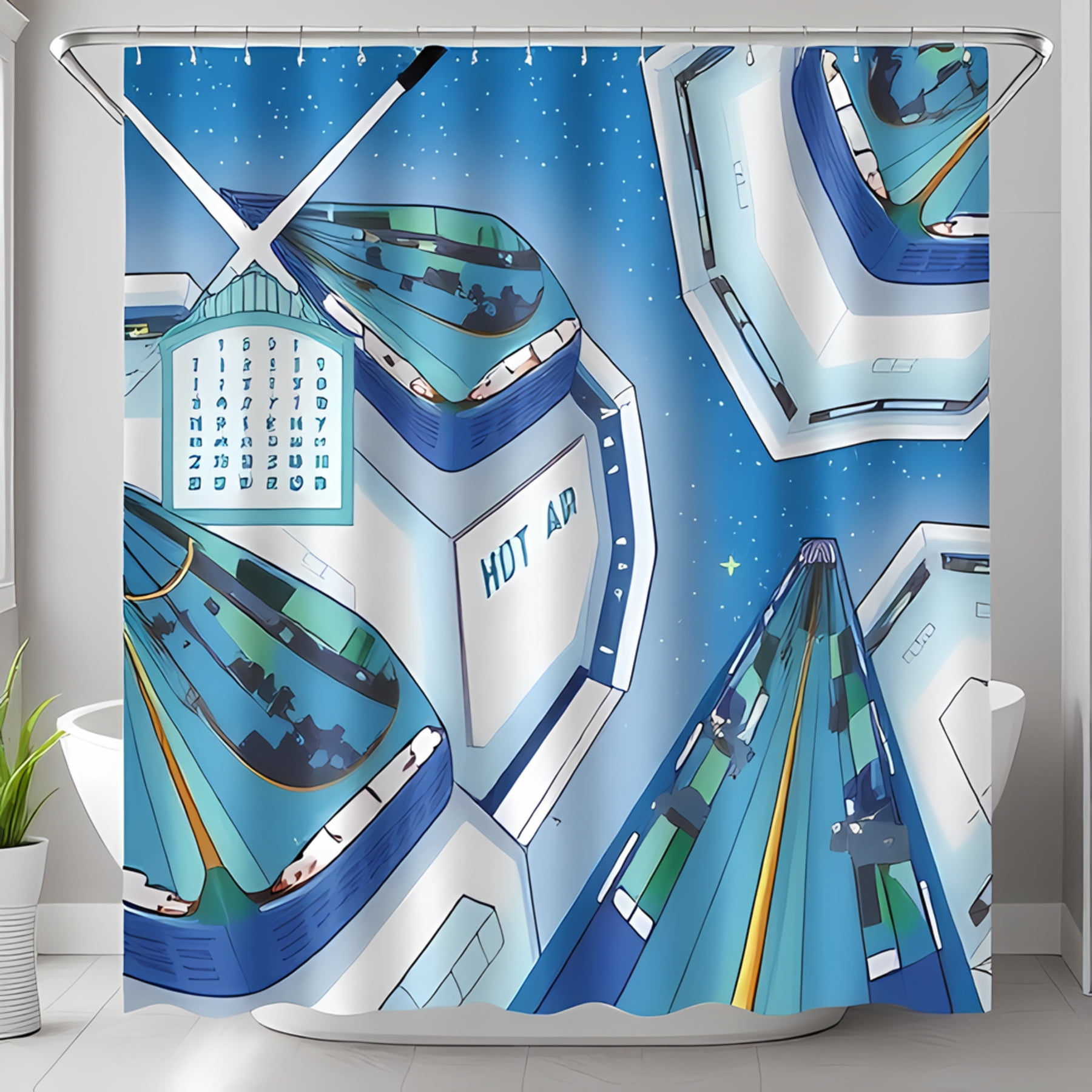 Futuristic Space Station Shower Curtain - Sleek Blue & White Design ...
