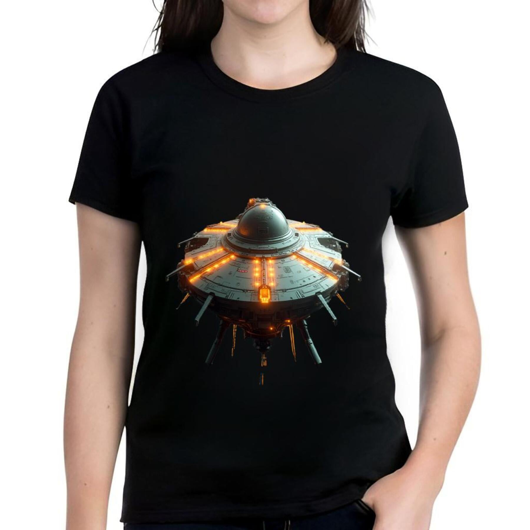 Futuristic Spacecraft Graphic Cotton Short Sleeve T-Shirt for Women - Sleek Design with Glowing ...