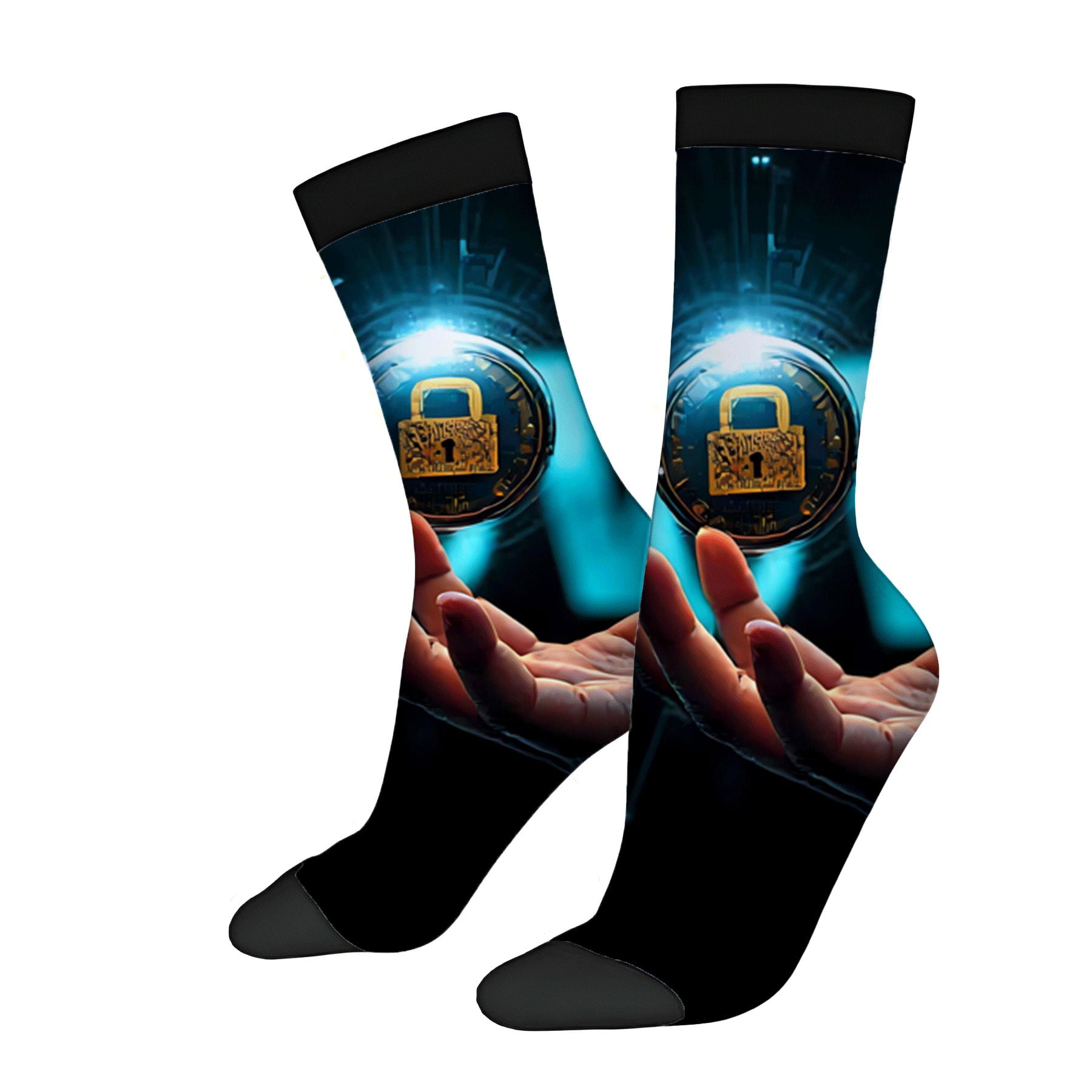 Futuristic Unisex Socks - 2 Pairs with Glowing Padlock & Digital Design ...