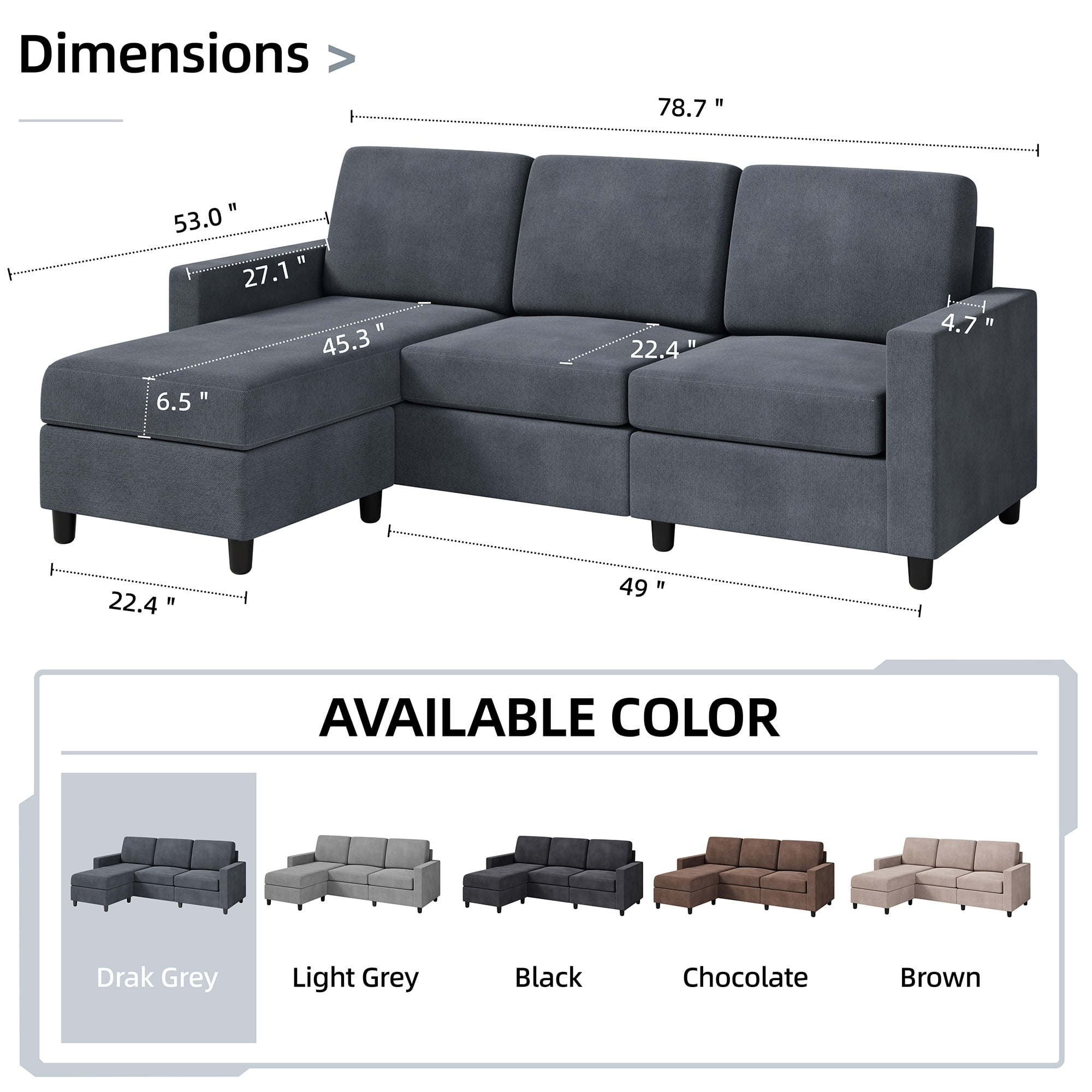 Futzca Modern L-shaped Convertible Sectional Sofa w/ Reversible Chaise ...