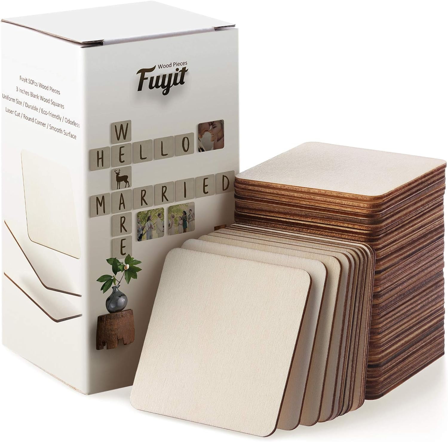 Fuyit Unfinished Wood Pieces, 50Pcs 3 x 3 Inch Blank Natural Wood ...