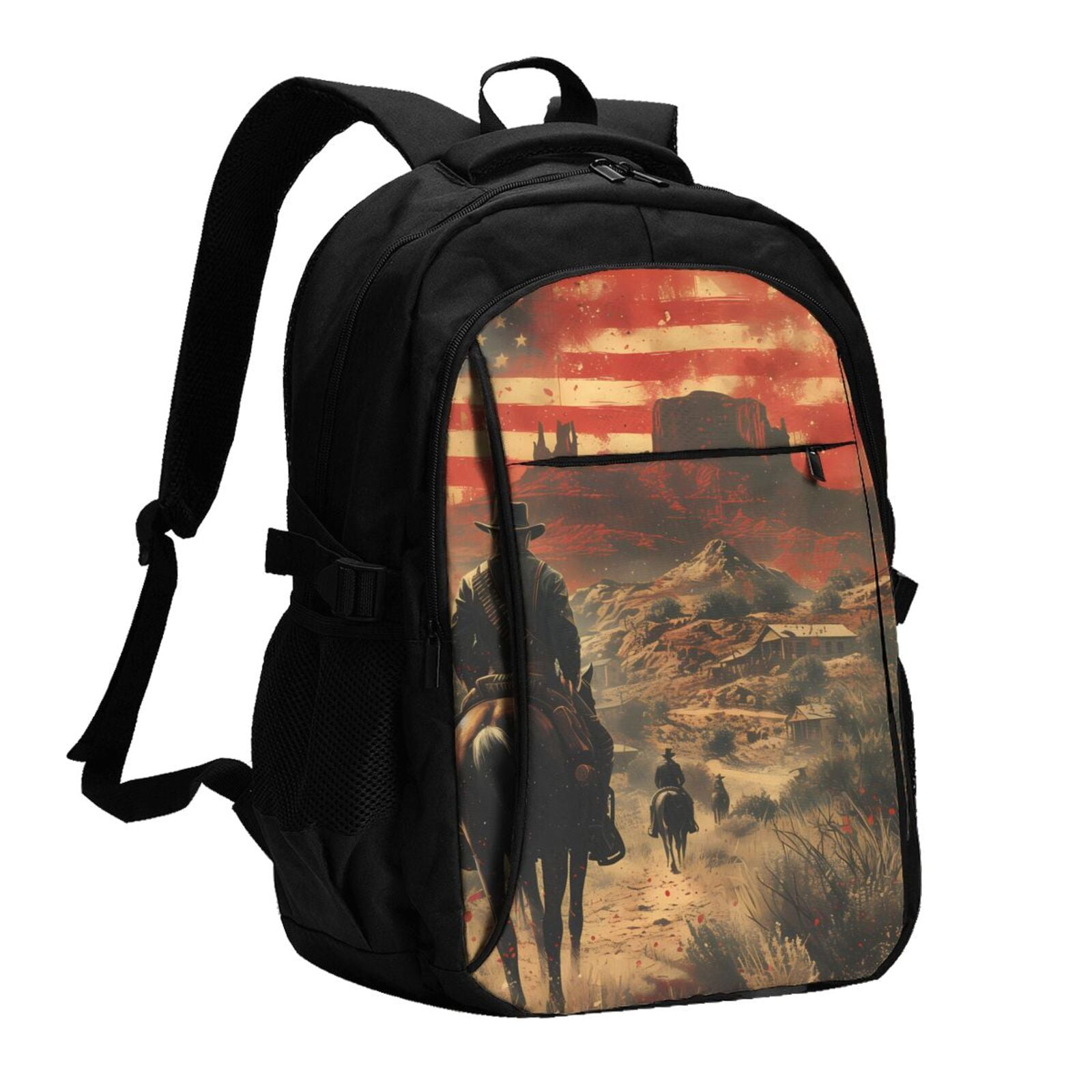 Fuzoiu 1860s Style American Cowboy Print USB Backpack with Charging ...