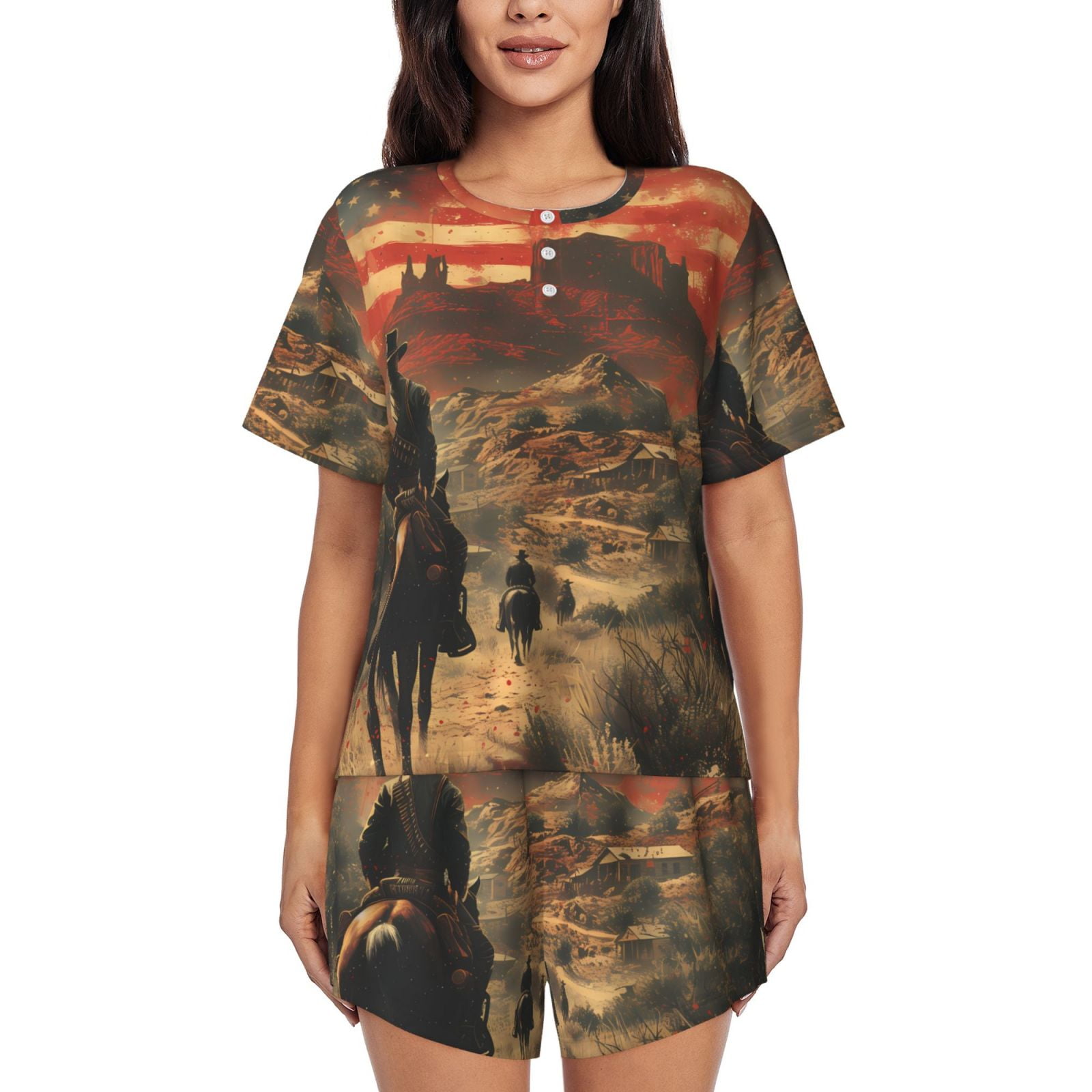 Fuzoiu 1860s Style American Cowboy Print Women's Short-Sleeved Pajama ...