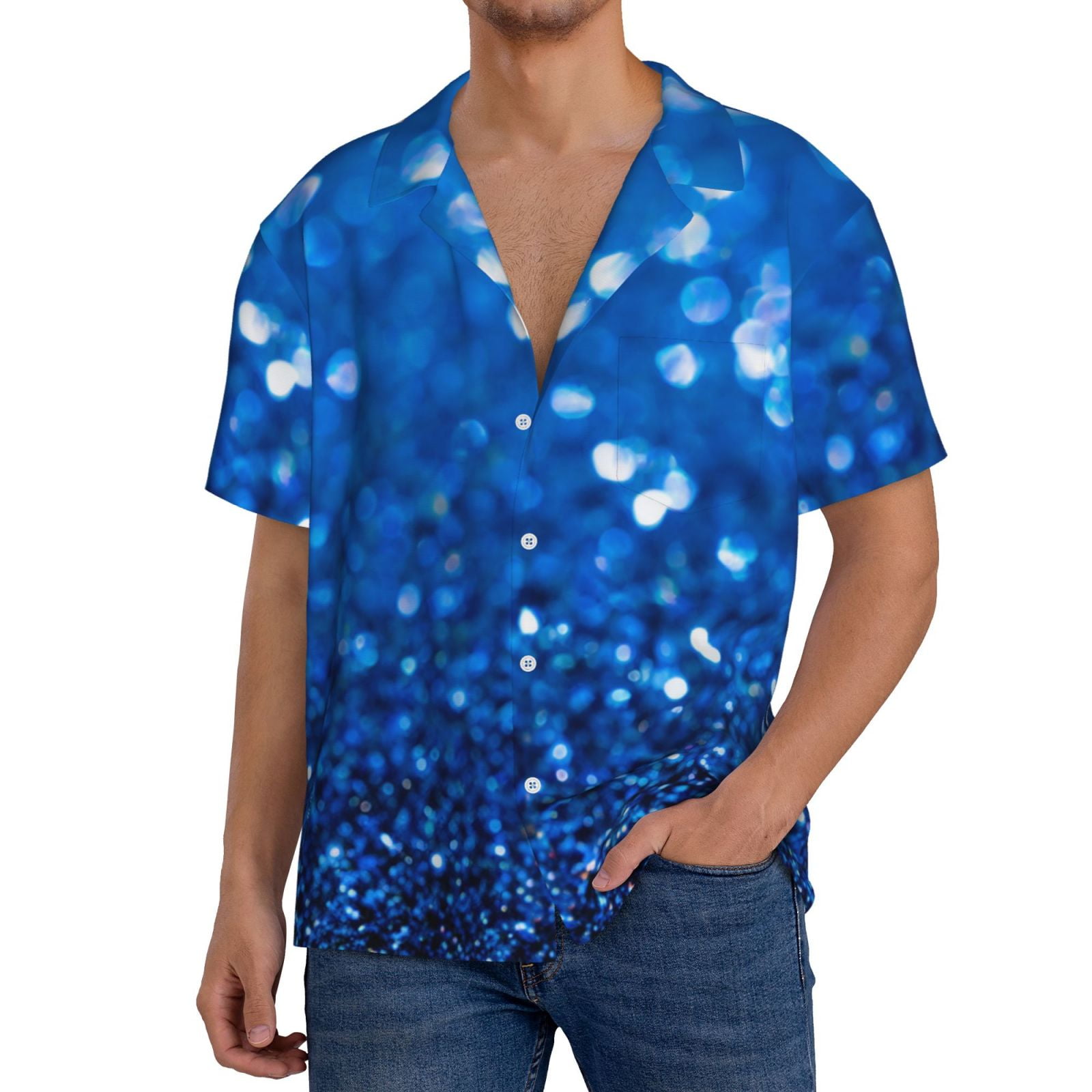 Fuzoiu A Blue Glitter Print Men's Casual Short,Men's Short Sleeve Shirt ...