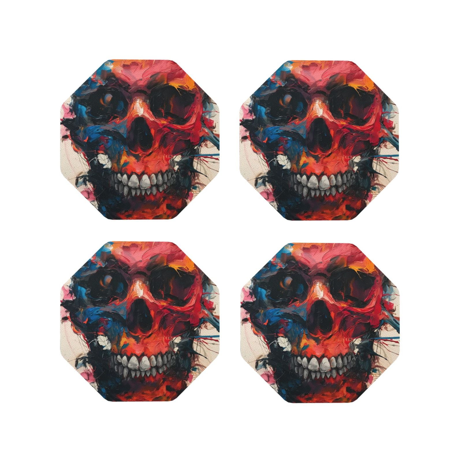 Fuzoiu Abstract Colorful Skull Art Print Leather Coasters Set,Drink ...