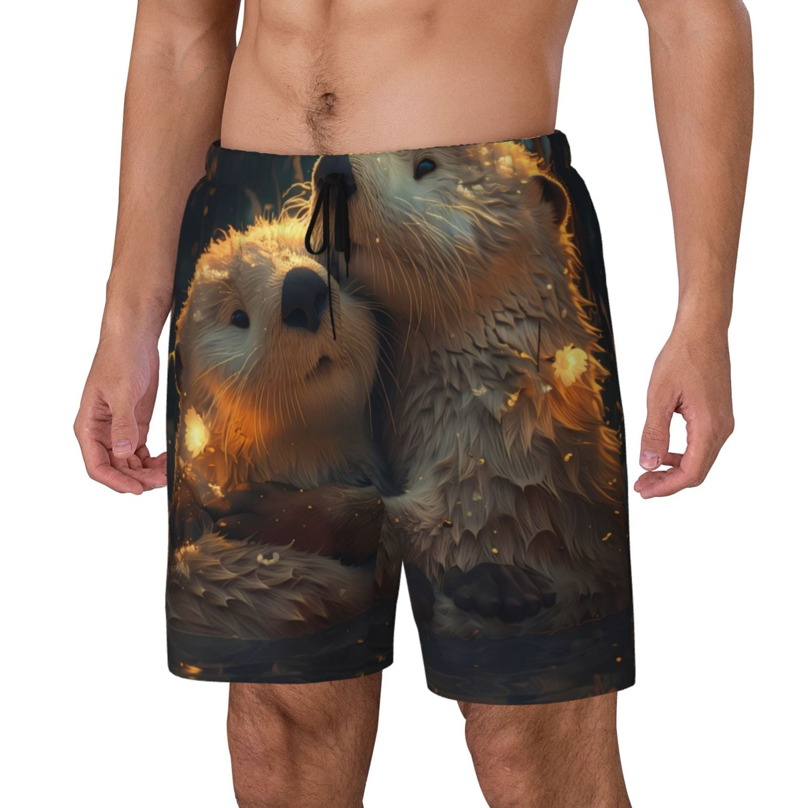 Fuzoiu Adorable Otter Pair Hug Print Men's Swim Shorts,Quick-Dry Double ...