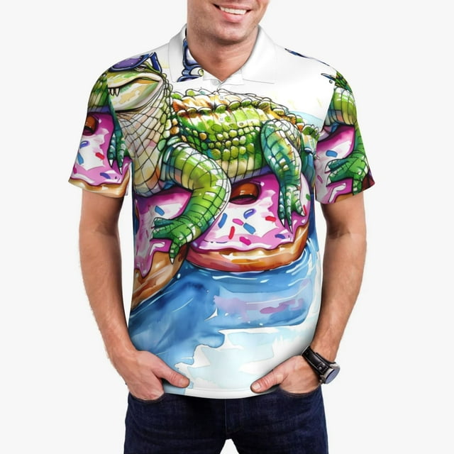 Fuzoiu Alligator Donut Pool Float Print Men's Polo Shirts Short Sleeve ...