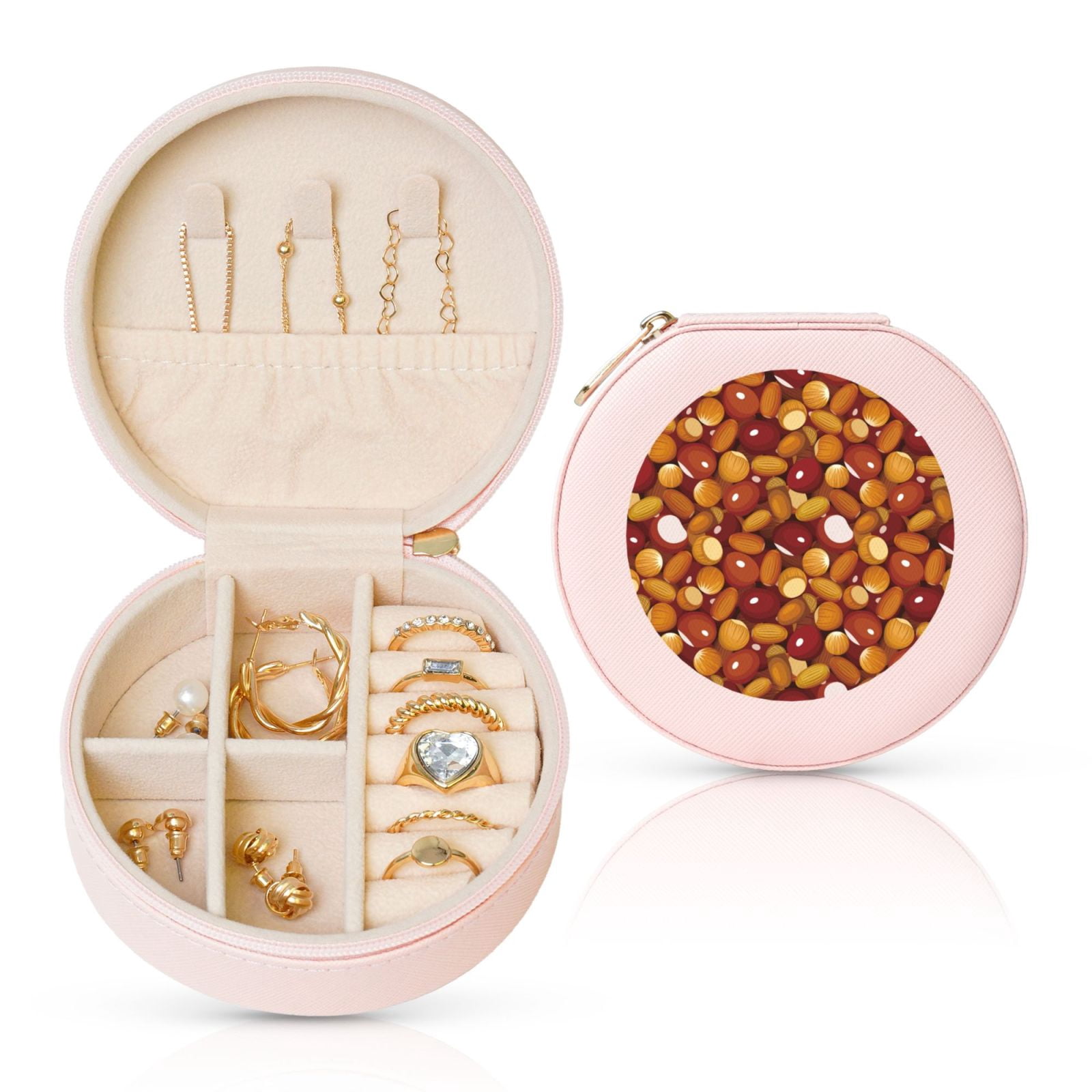 Fuzoiu Almond Nuts Print Portable Jewelry Box,Round Mini Leather Travel ...