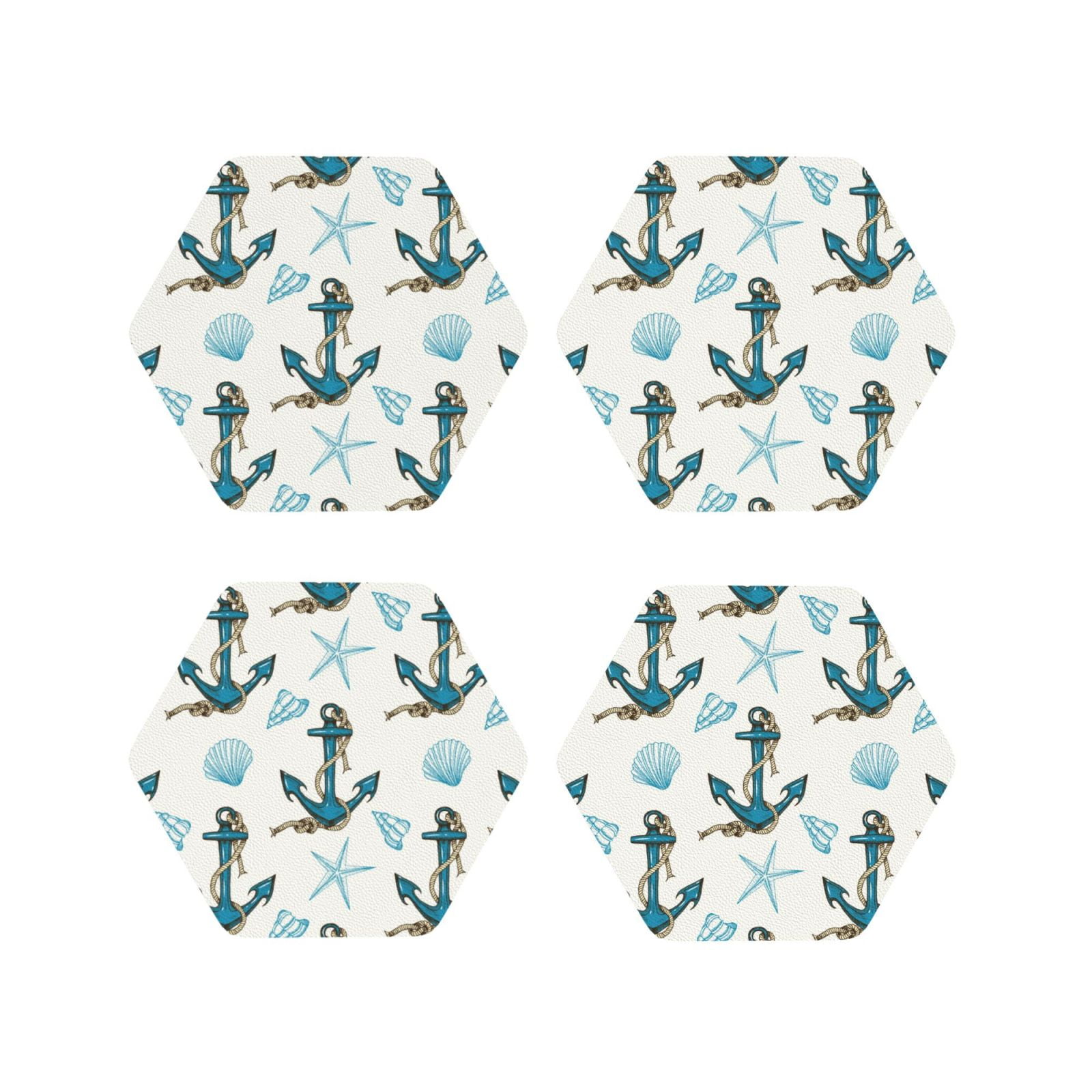 Fuzoiu Anchors And Shells Print Leather Coasters Set,Drink Coasters Set ...