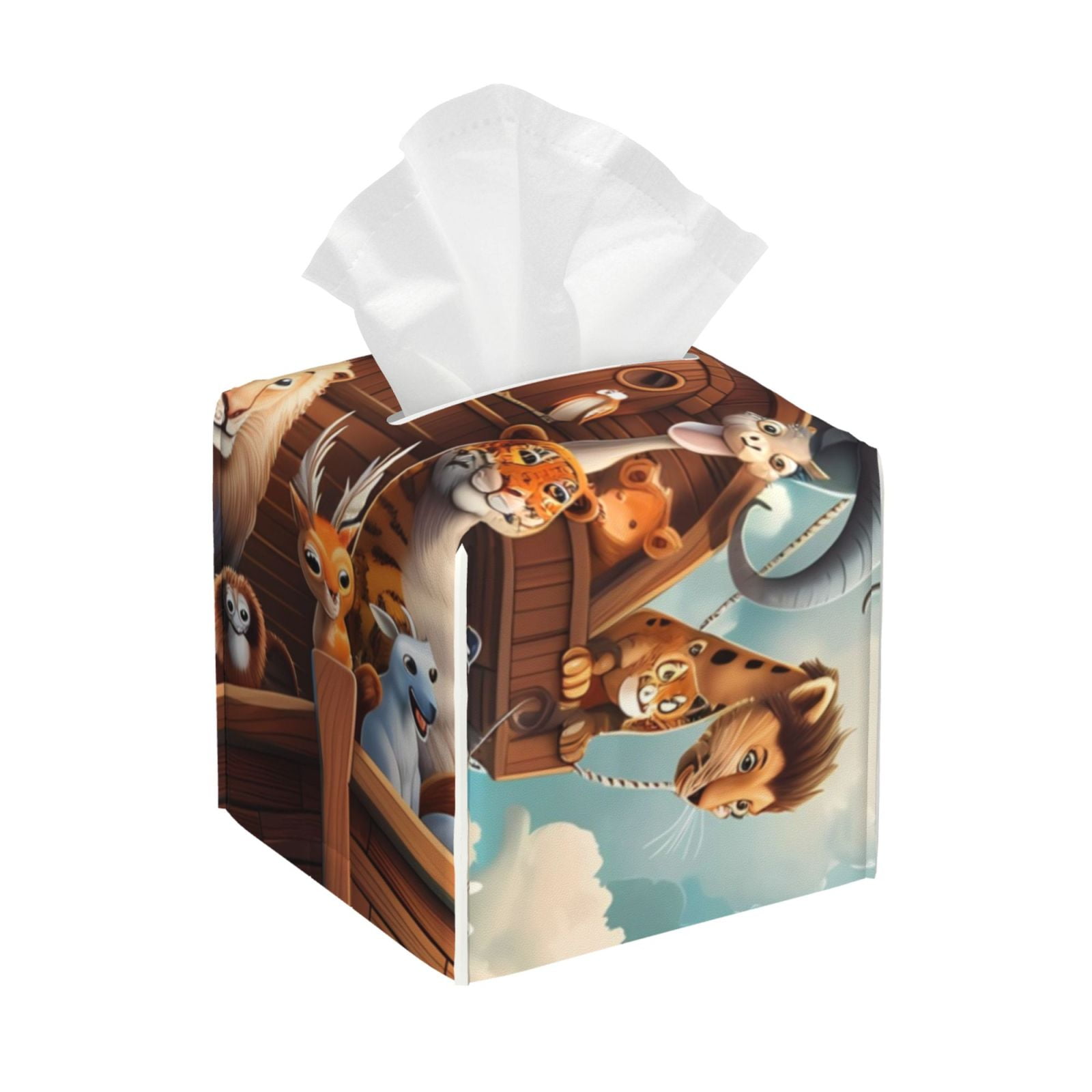 Fuzoiu Animal Filled Noahs Ark Print Tissue Box Cover Holder, Square ...