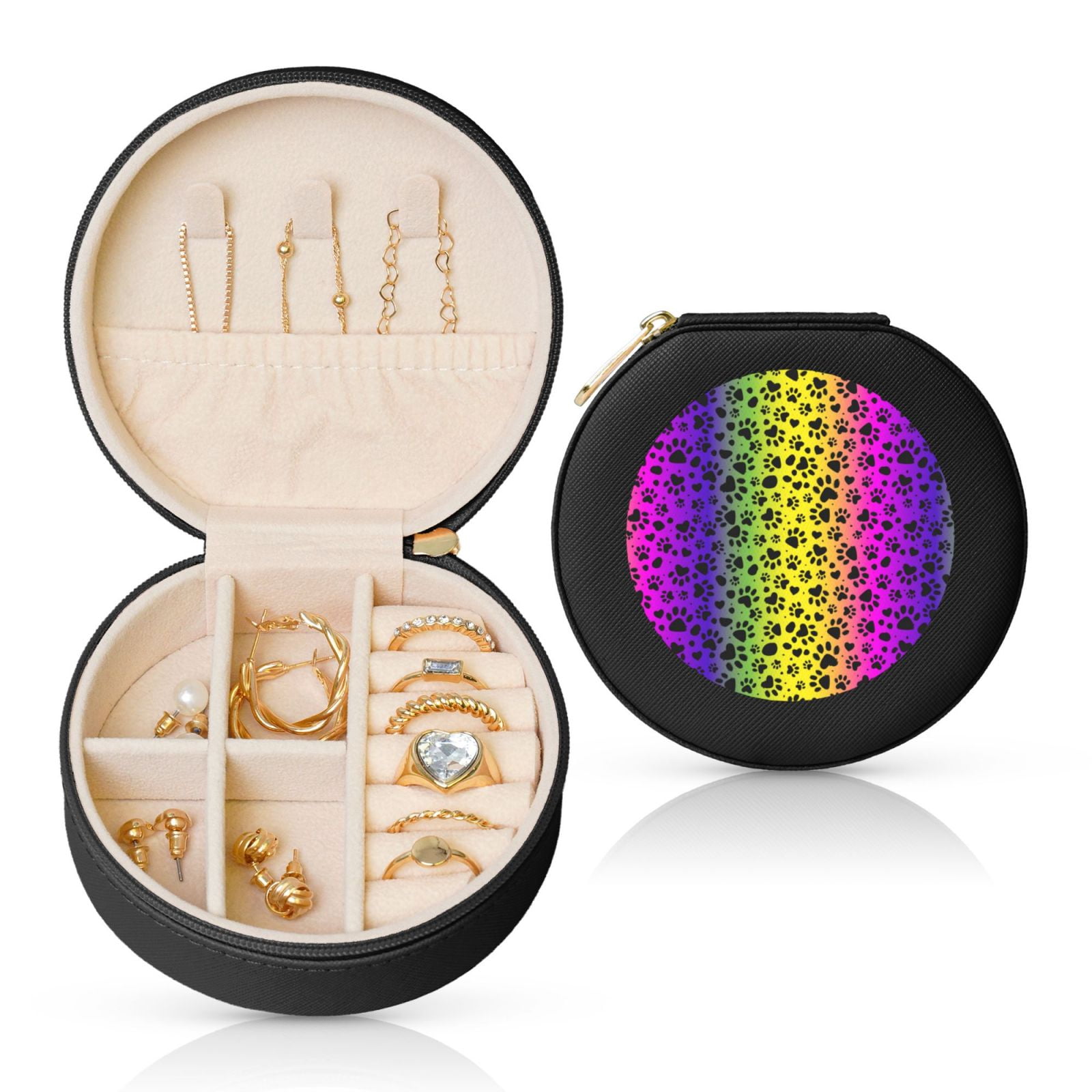 Fuzoiu Animal Paw Rainbow Print Portable Jewelry Box,Round Mini Leather ...