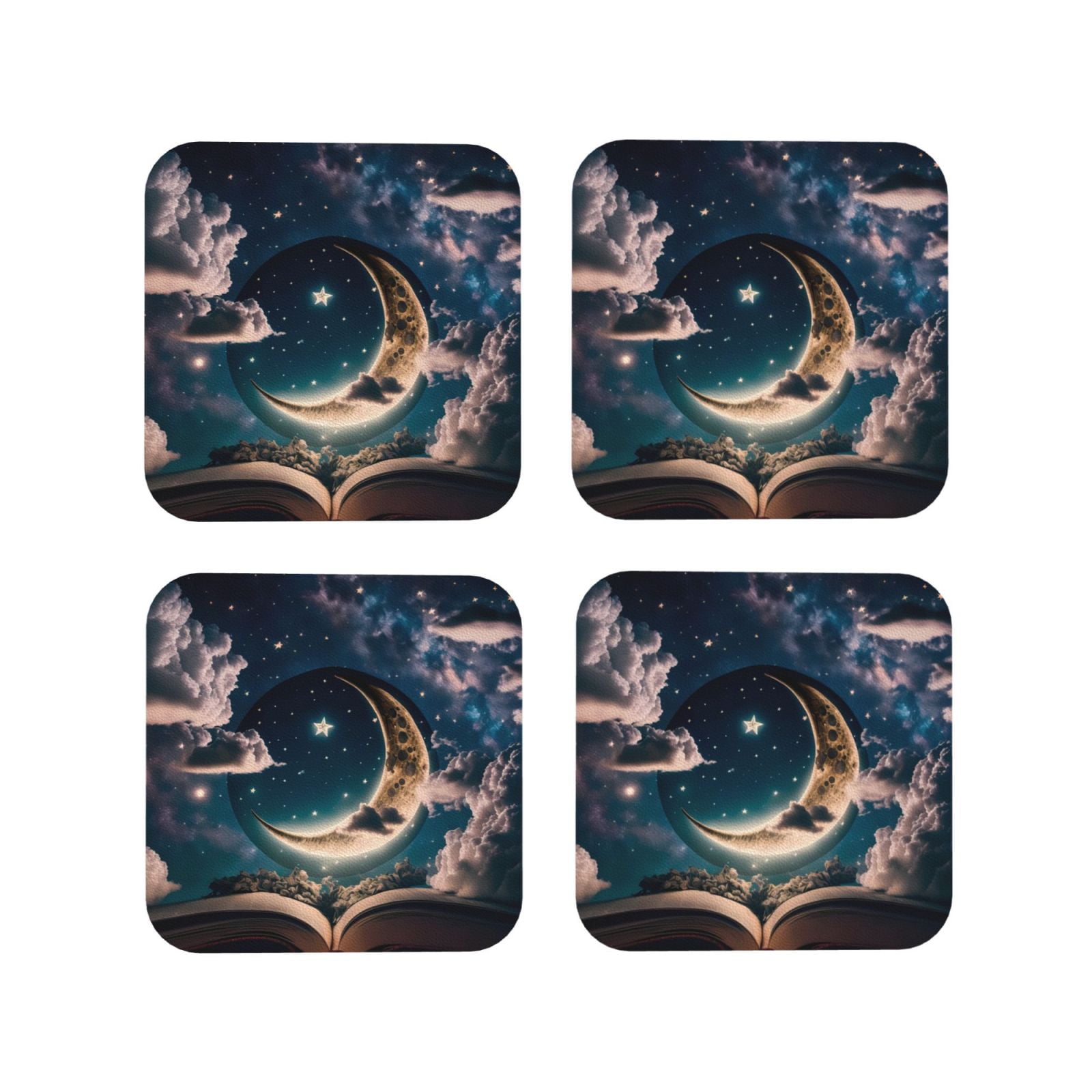 Fuzoiu Artistic Starry Sky Moon Book Print Leather Coasters Set,Drink ...