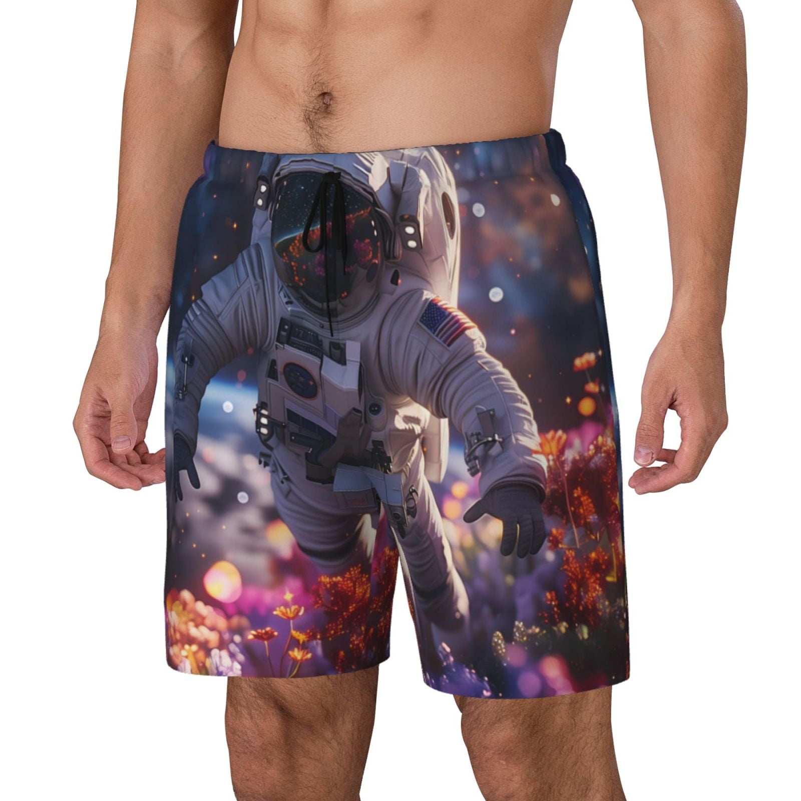 Fuzoiu Astronaut In Cosmic Garden Print Men's Swim Shorts,Quick-Dry ...